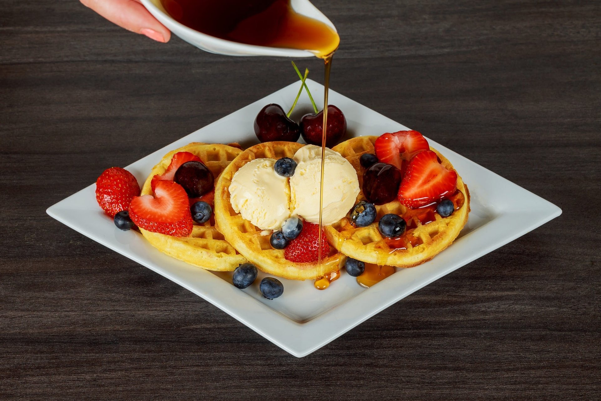 Download Honey Strawberry Blueberry Berry Cherry Food Waffle HD Wallpaper