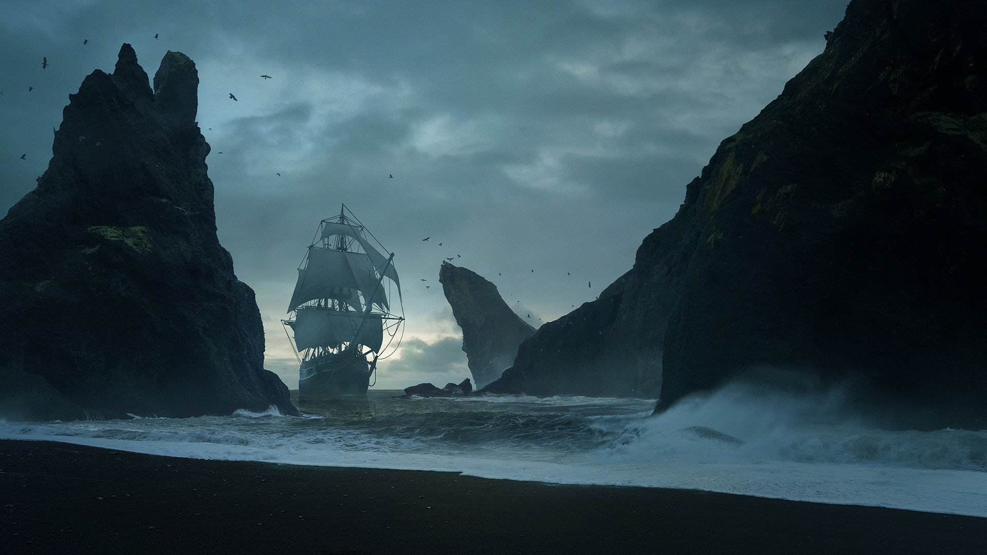 Fantasy Coastline Voyage: Epic Ship at Dusk HD Wallpaper by Charles ...
