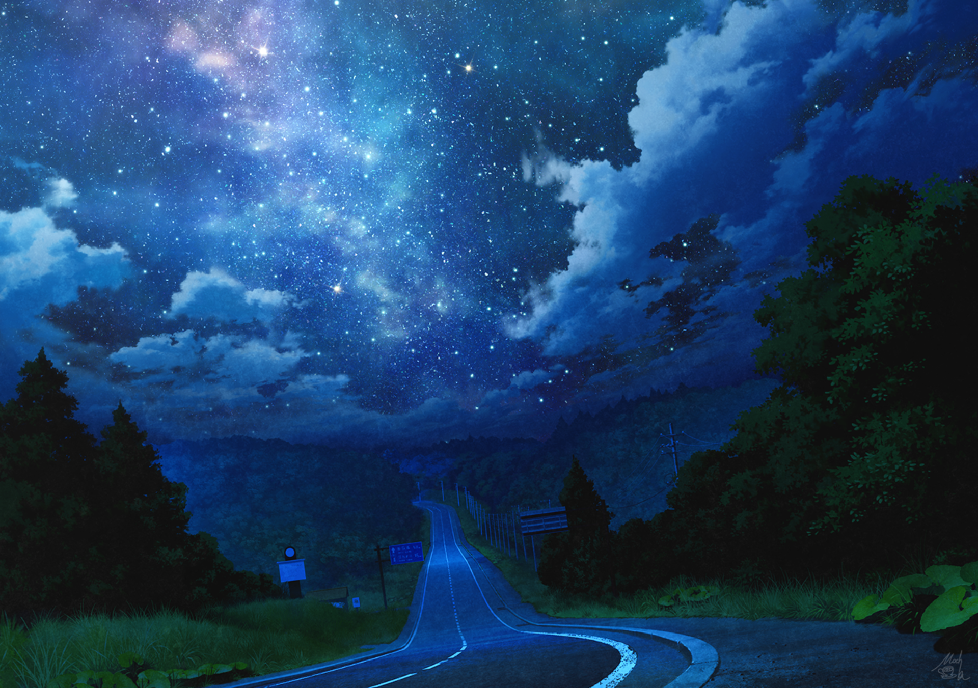 Anime Starry Night Road HD Wallpaper by mocha