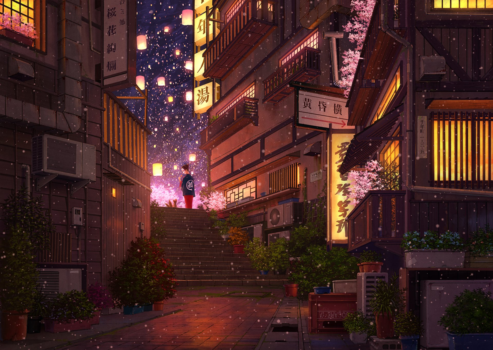 Download Light Snowfall Night Anime Building Anime Night HD Wallpaper by ぺい