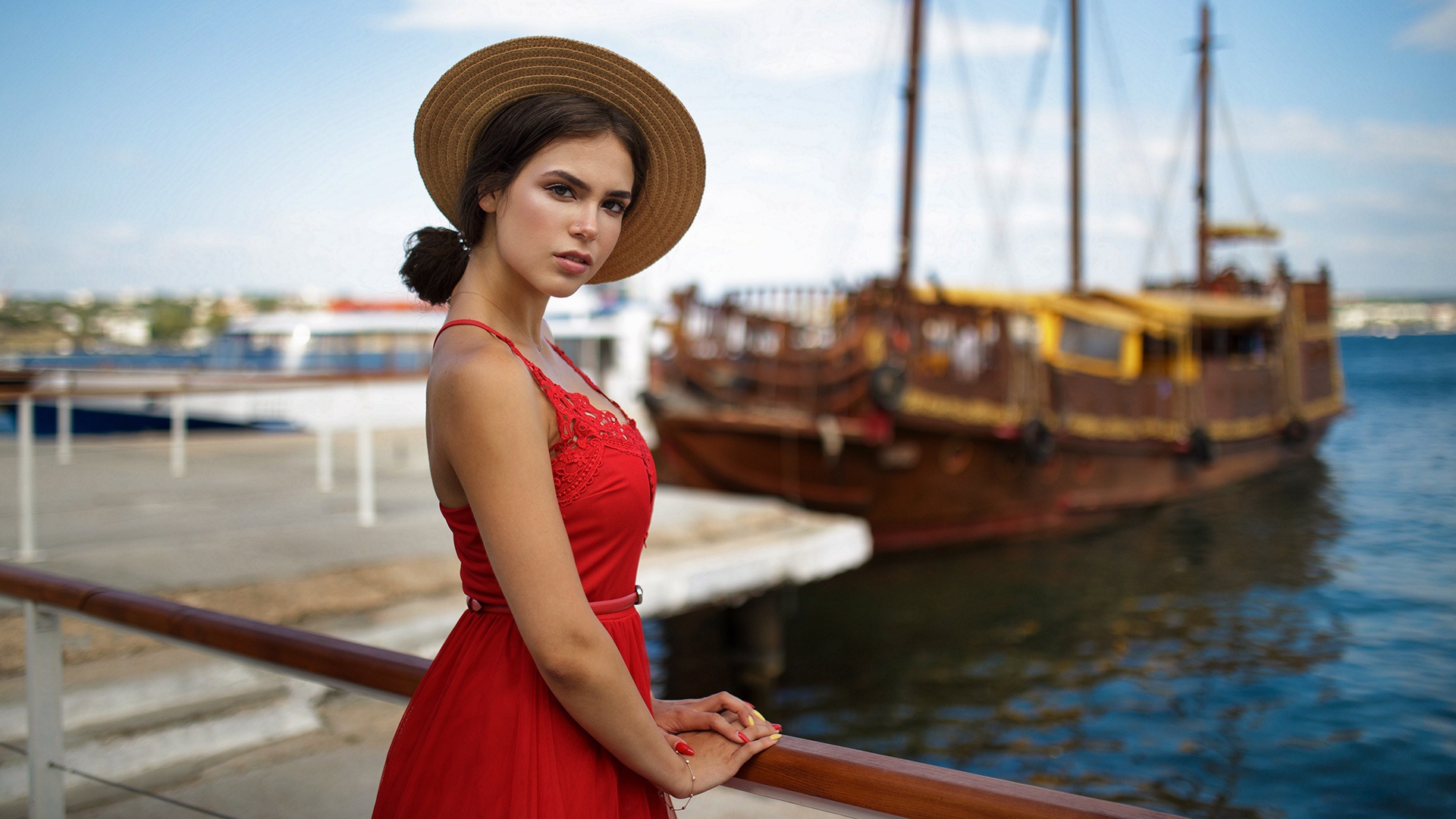 Download Red Dress Hat Black Hair Depth Of Field Woman Model HD ...