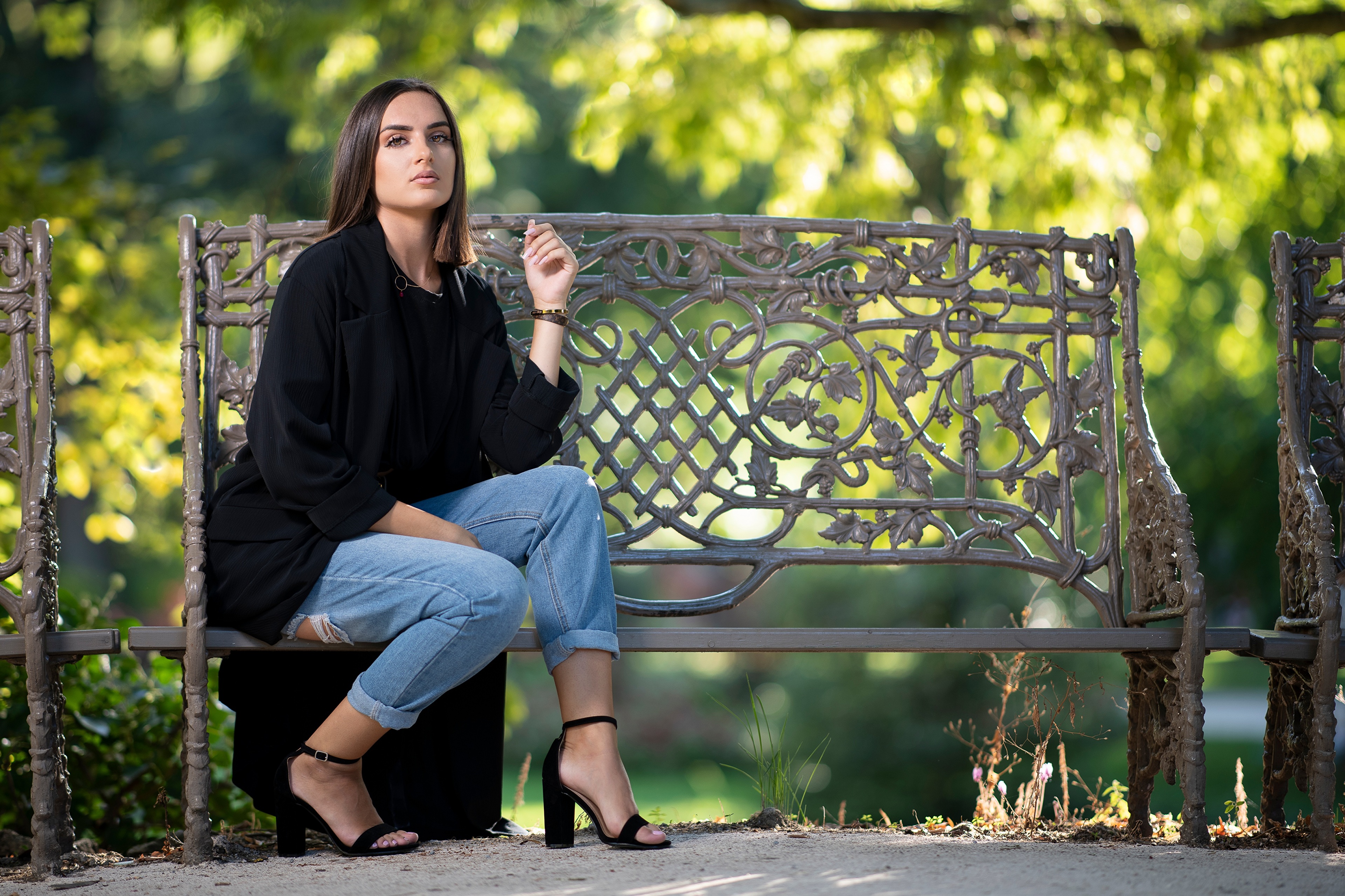 Download Depth Of Field Brunette Bench Woman Model 4k Ultra HD Wallpaper