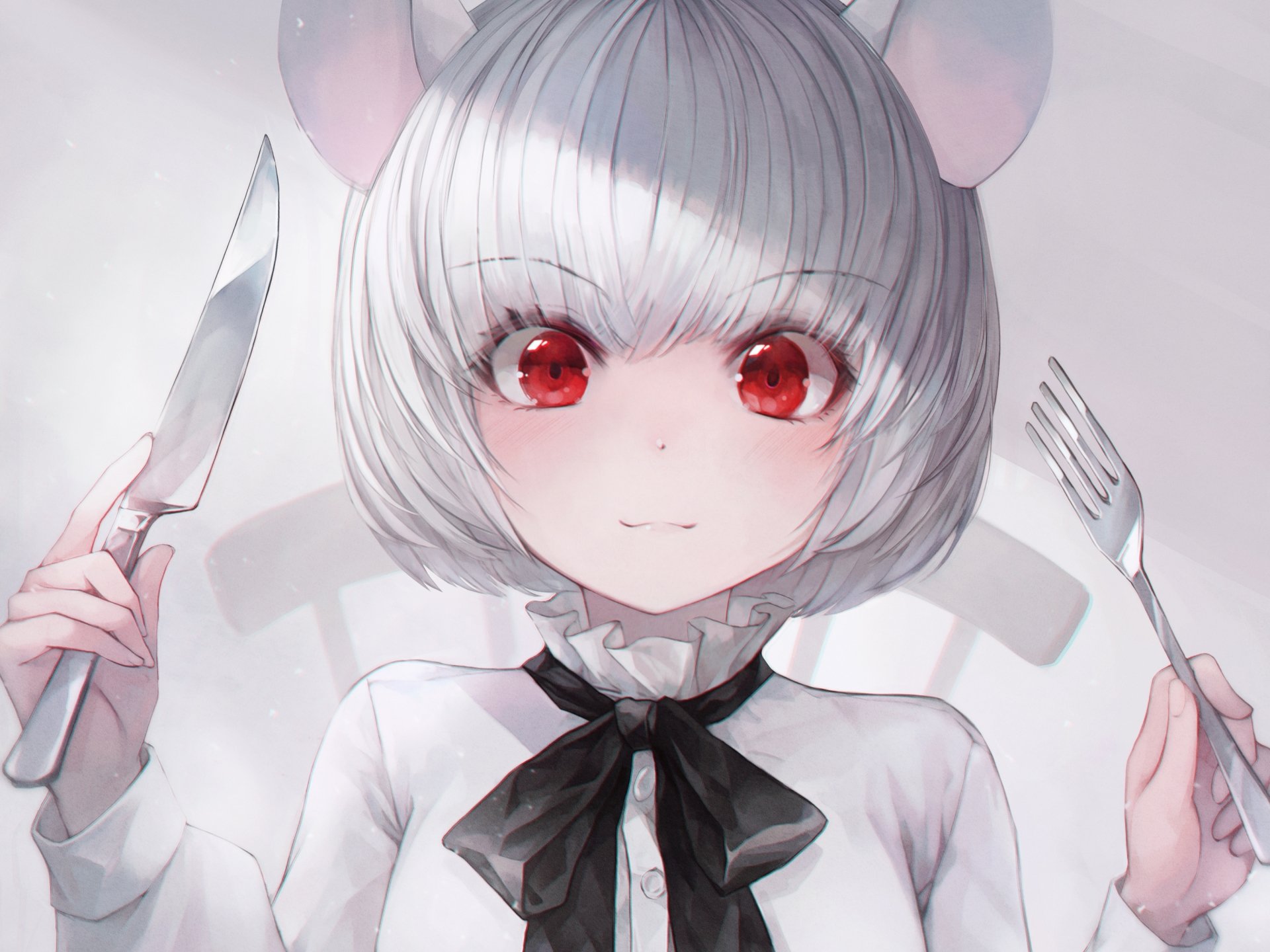 Red-Eyed Anime Mouse: White-Haired Elegance with Fork & Knife HD ...