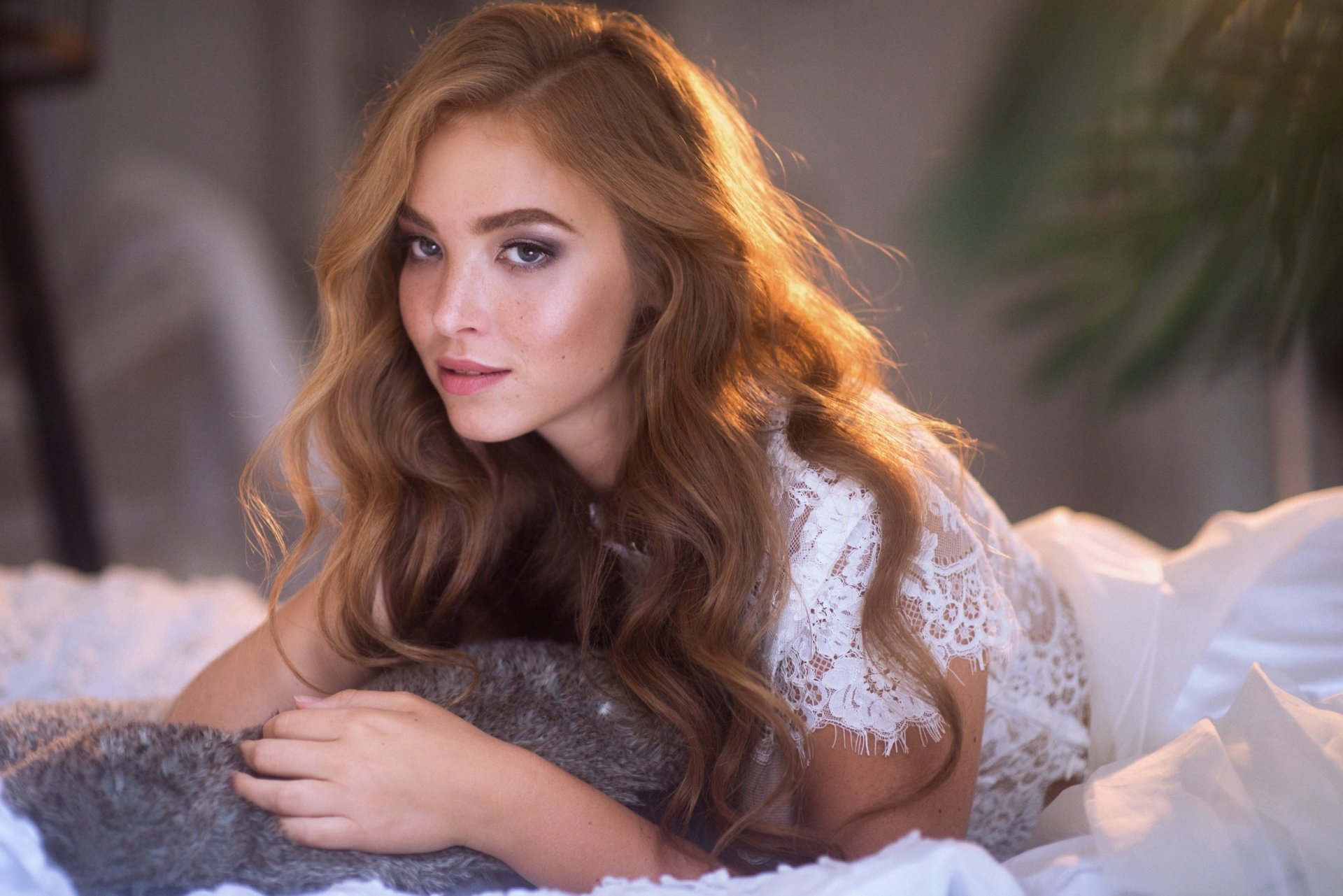 Download Lying Down Long Hair Redhead Woman Model HD Wallpaper