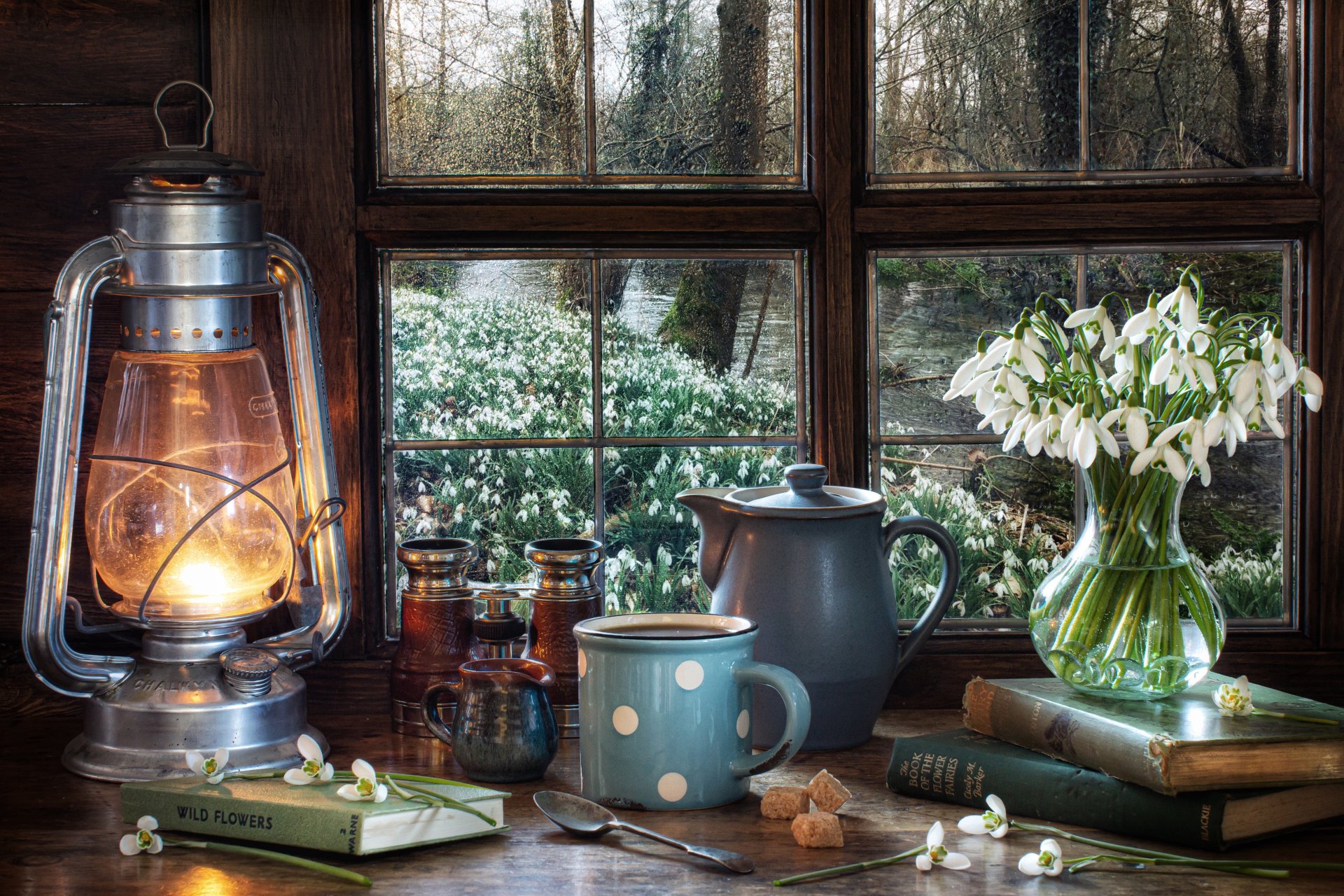 Cozy Kerosene Glow: 4K Still Life with Snowdrops, Tea, and Timeless Charm