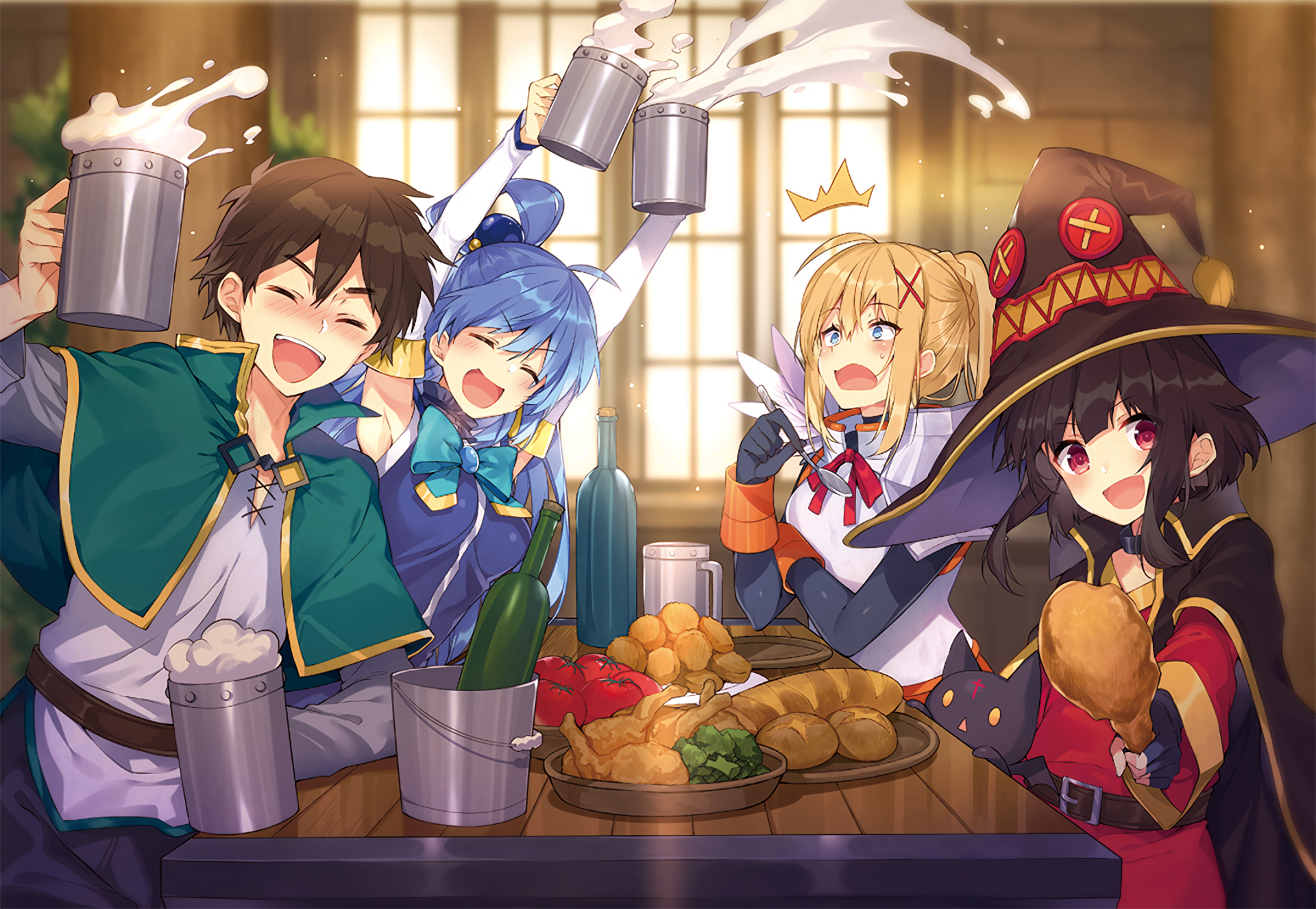 KonoSuba HD Wallpaper - Kazuma, Aqua, Darkness, & Megumin Cheers