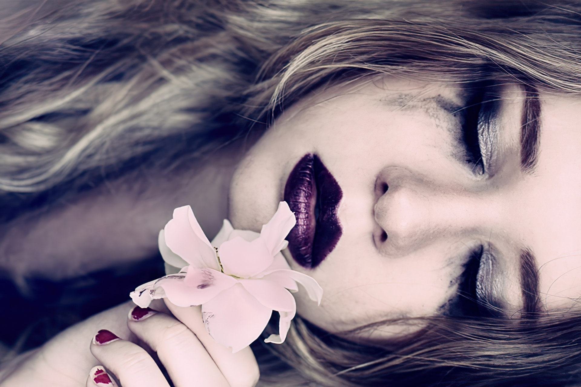 Download Blonde Lipstick Makeup Crying Flower Woman Face HD Wallpaper ...
