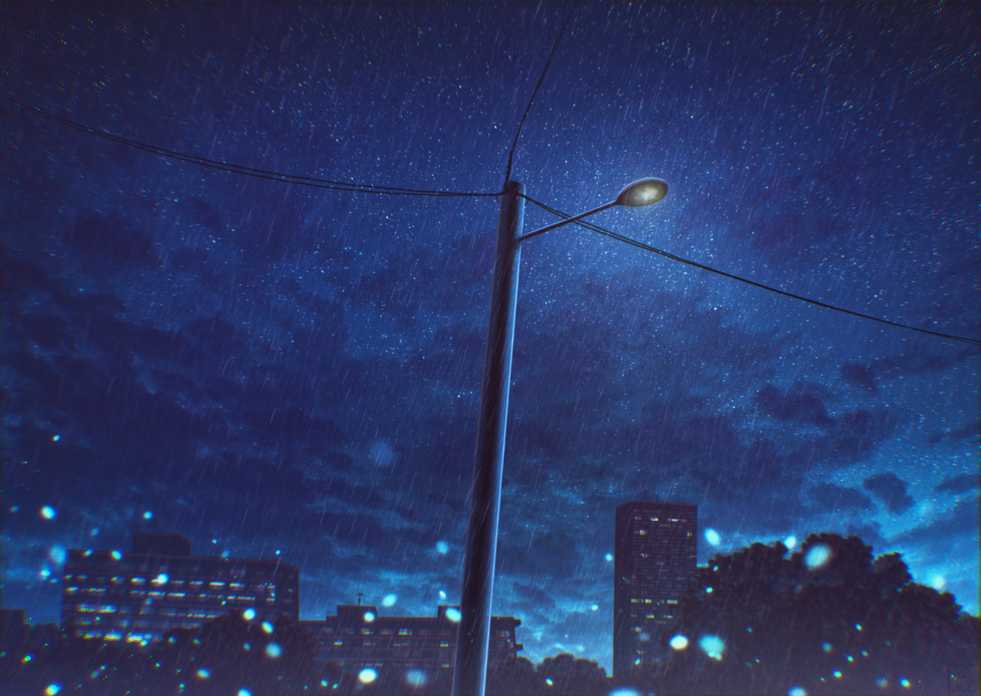 HD Anime Night Rain: Serene Sky and City Lights by Elizabeth Miloecute