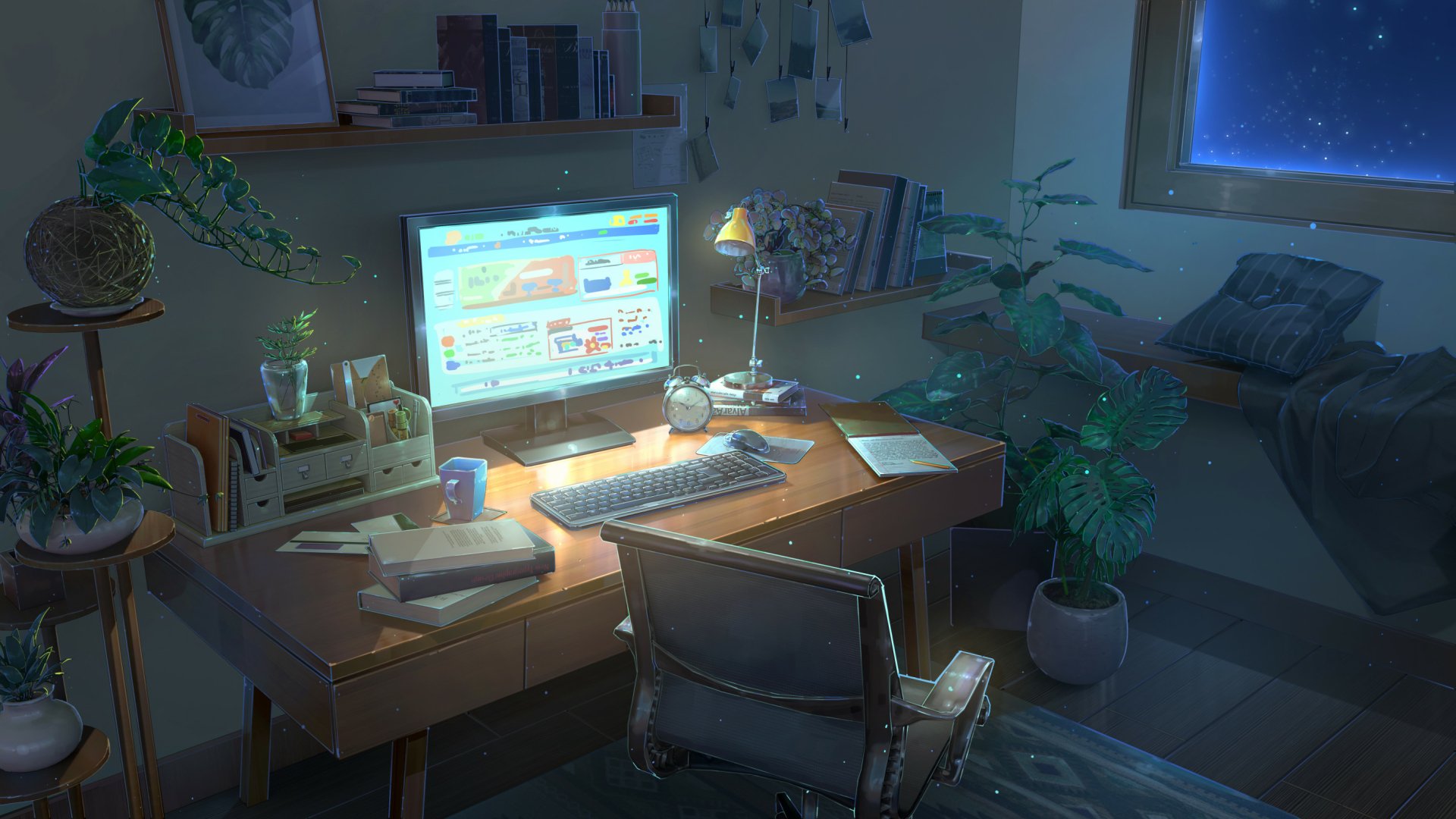 Anime Night Room Computer HD Wallpaper by 行之LV