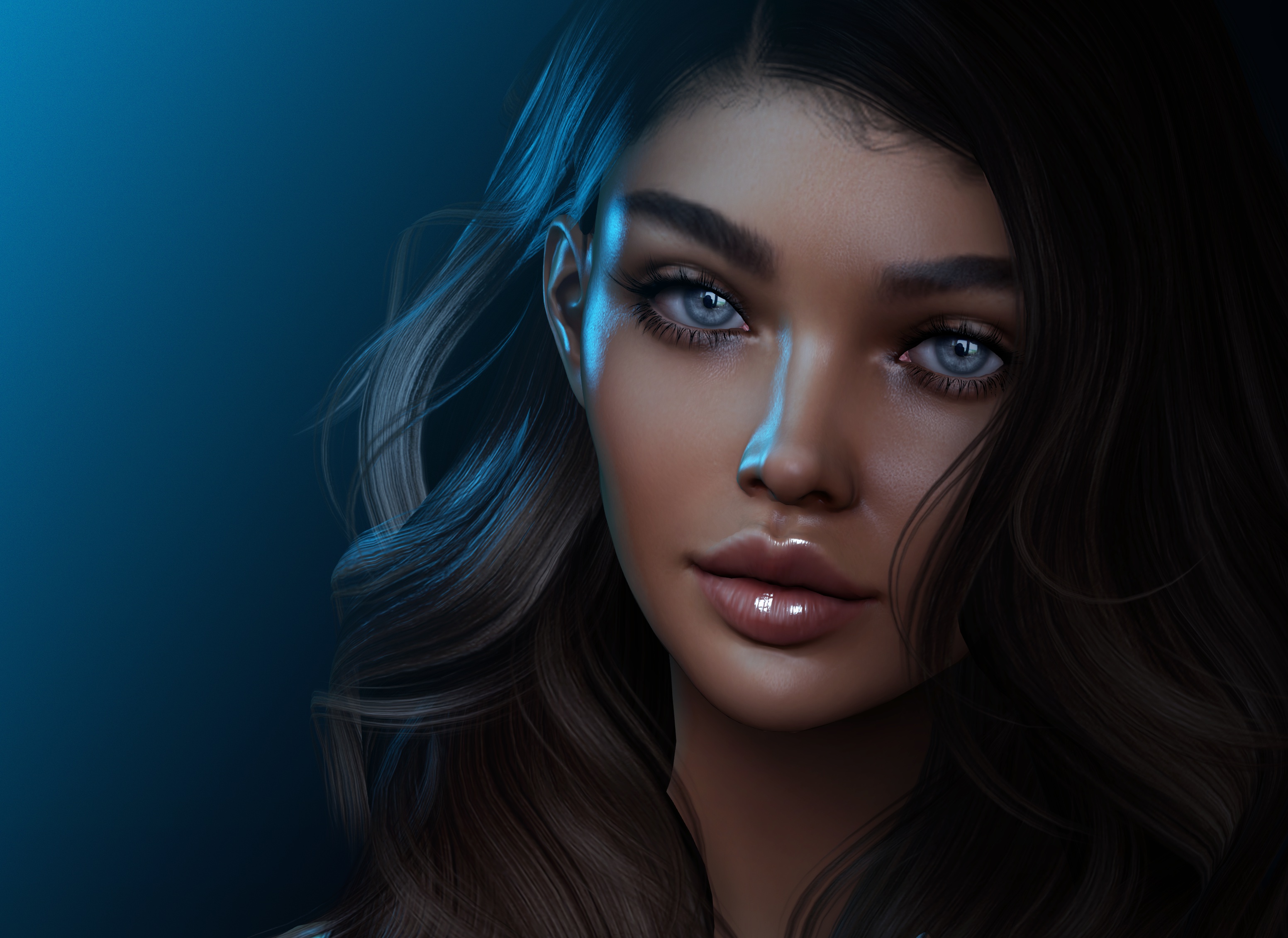 Download Blue Eyes Lips Hair Face 3D Woman Artistic HD Wallpaper