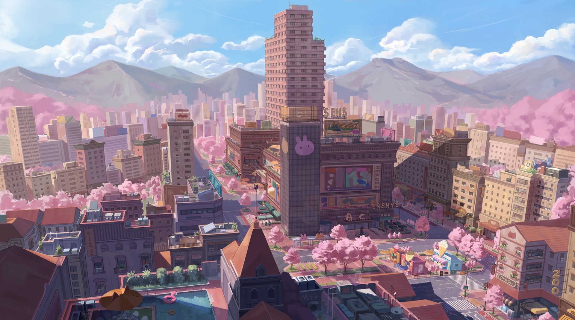 Anime Cityscape: Vibrant Buildings in Stunning HD Wallpaper by 奈奈喵