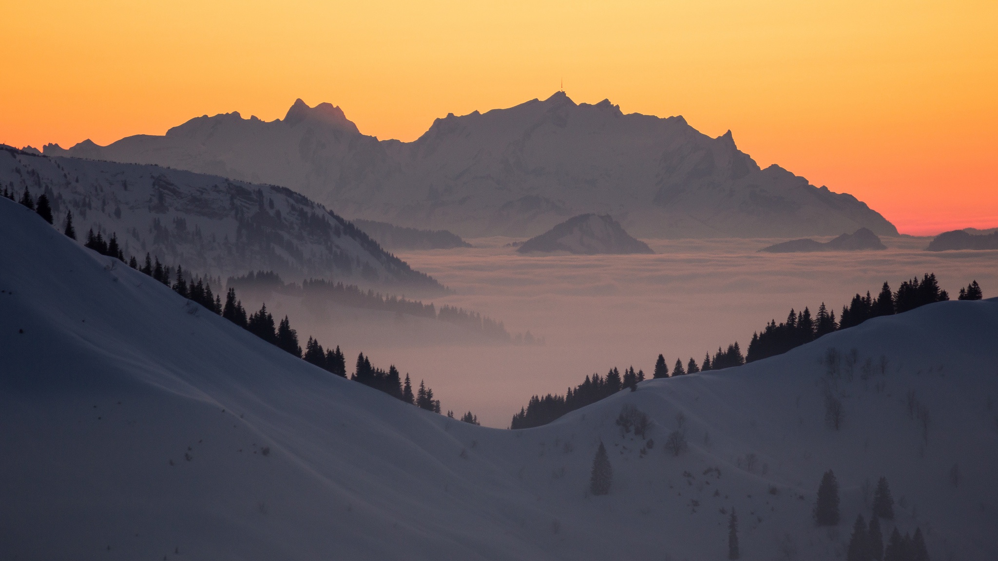 Bavarian Alps Sunrise: Snowy Mountains at Dawn HD Wallpaper