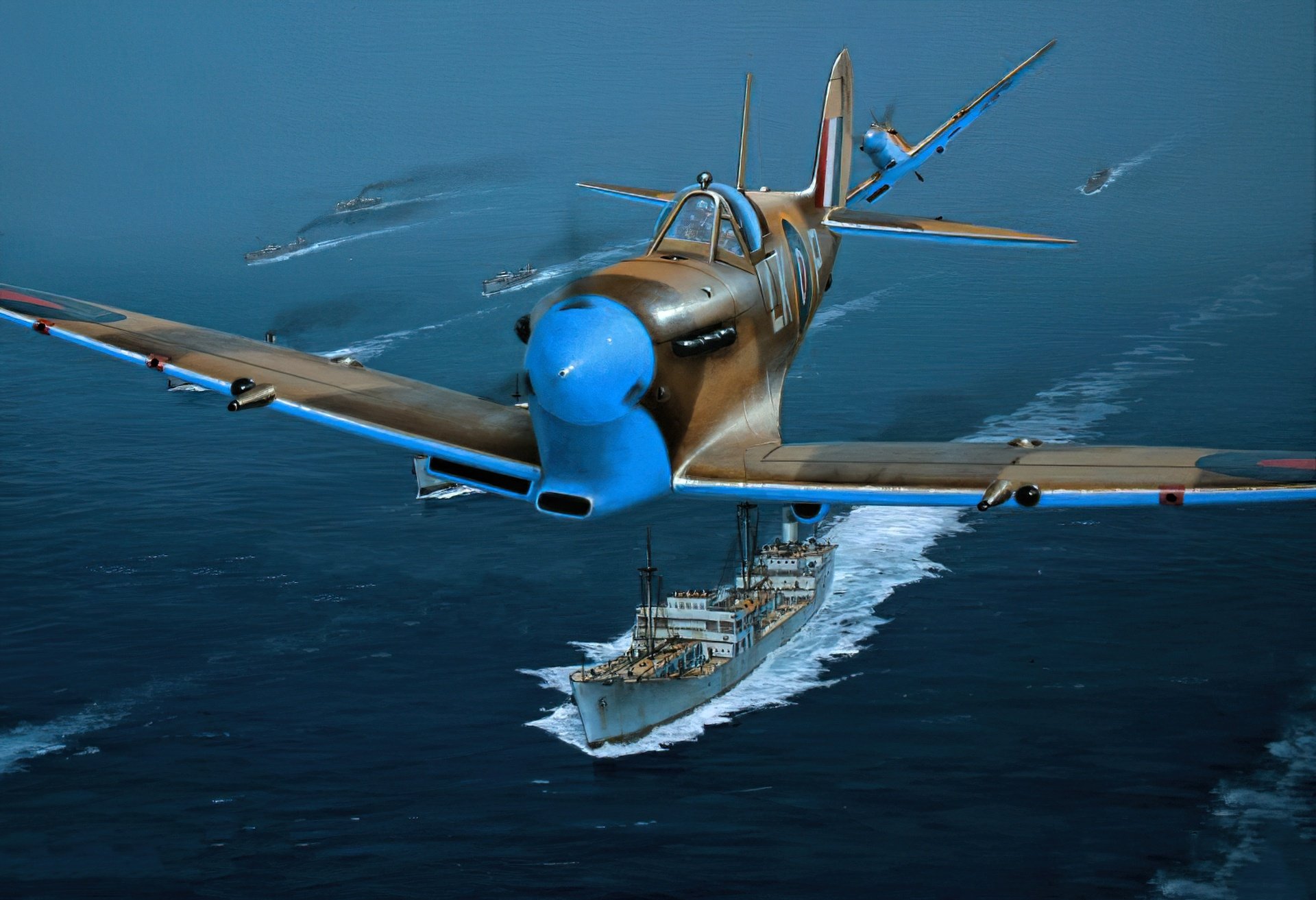 HD Military Supermarine Spitfire Warplane Soaring Above the Sea