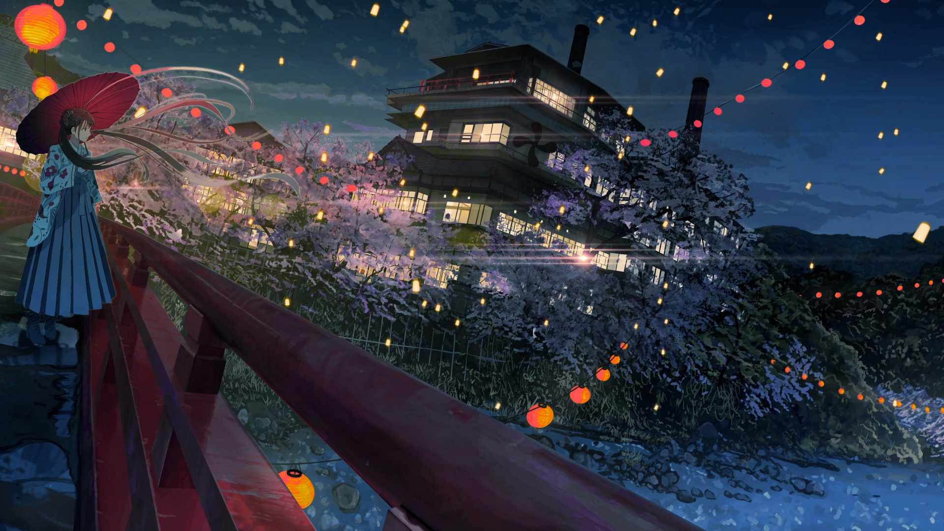 Download Night Lantern Umbrella Anime Building Anime Night HD Wallpaper ...