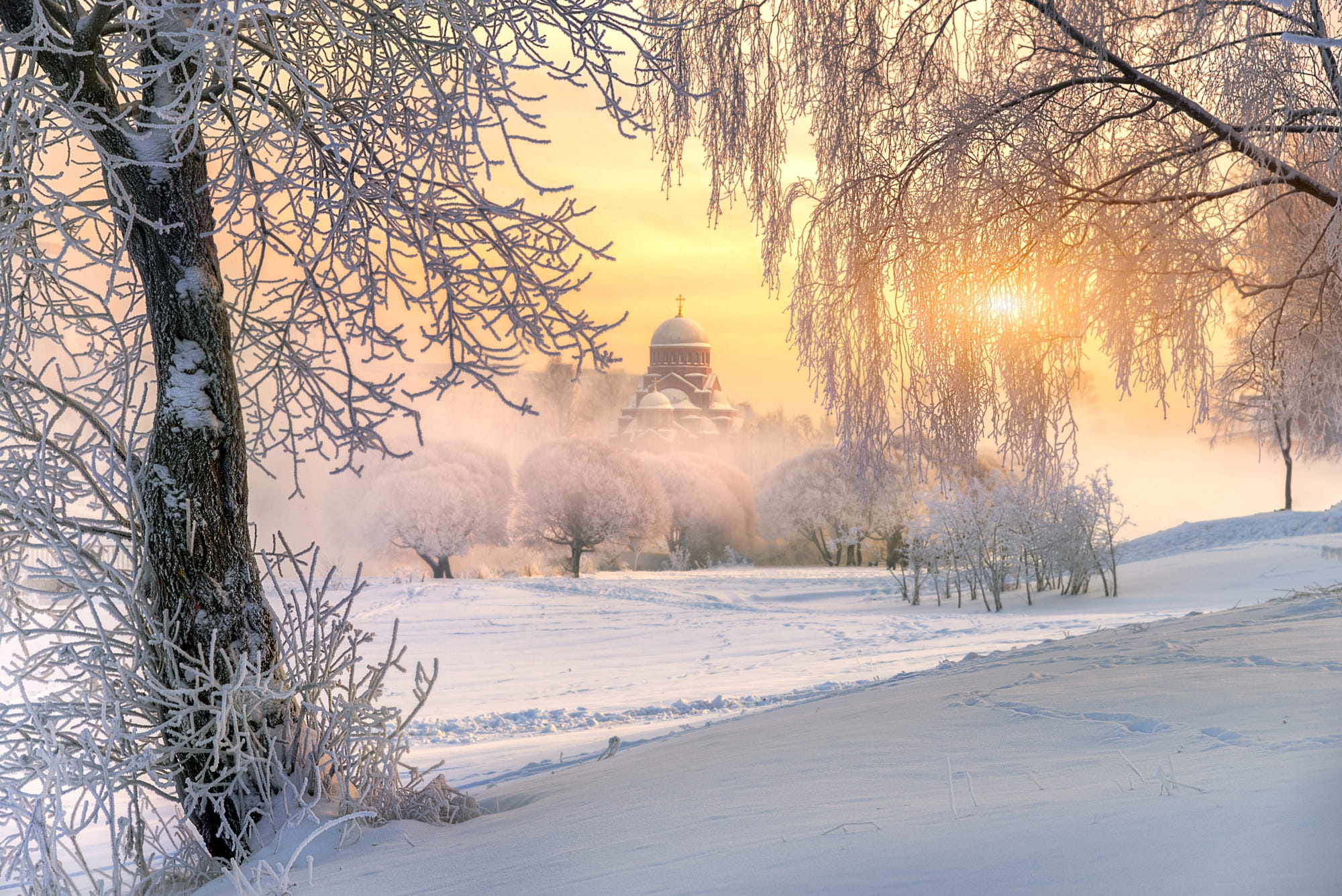 Download Church Dawn Park Fog Snow Photography Winter HD Wallpaper