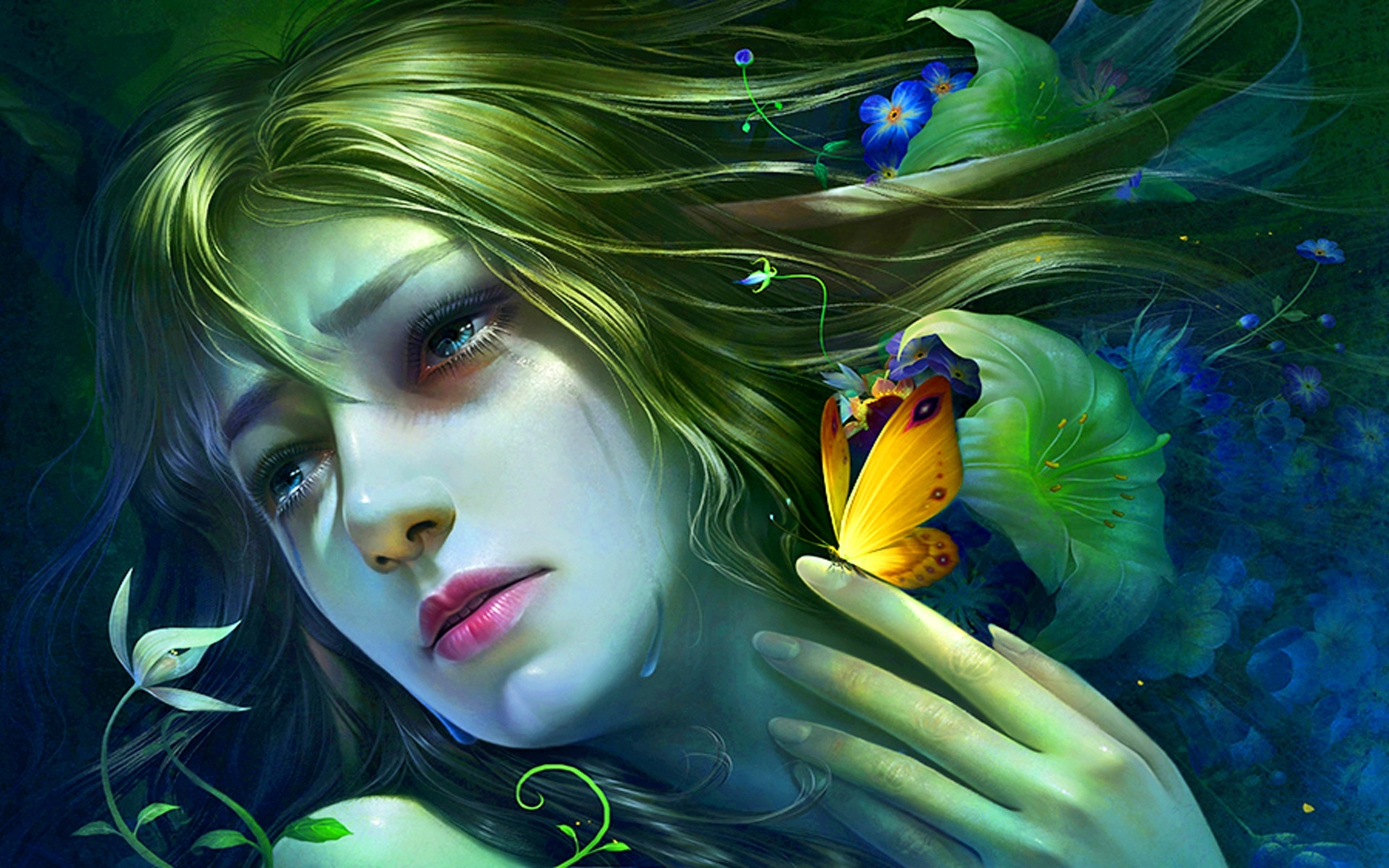 Download Face Tears Butterfly Flower Fantasy Woman HD Wallpaper