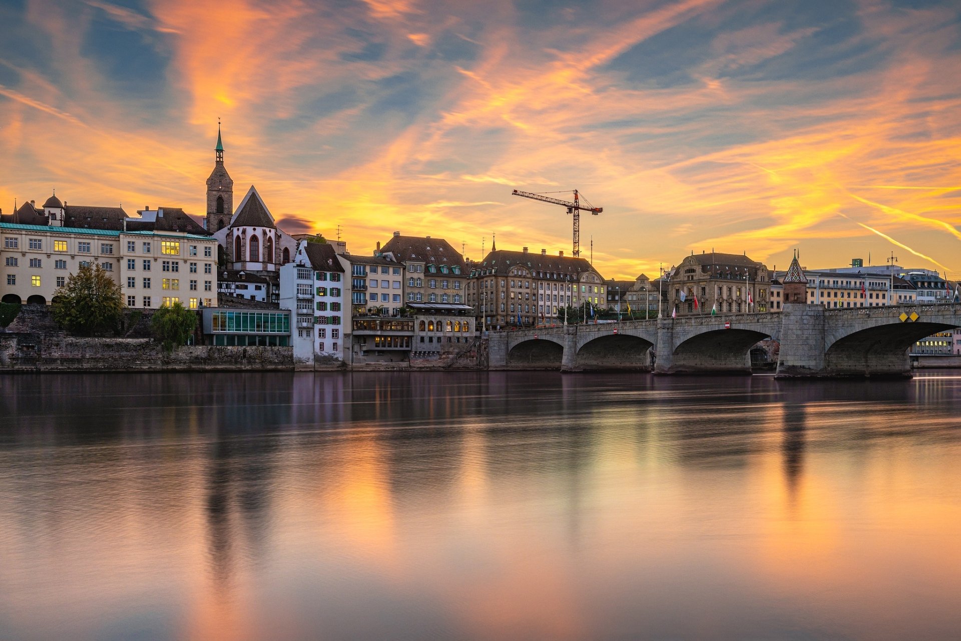 Download Basel Switzerland House Building River Bridge Sunset Man Made ...