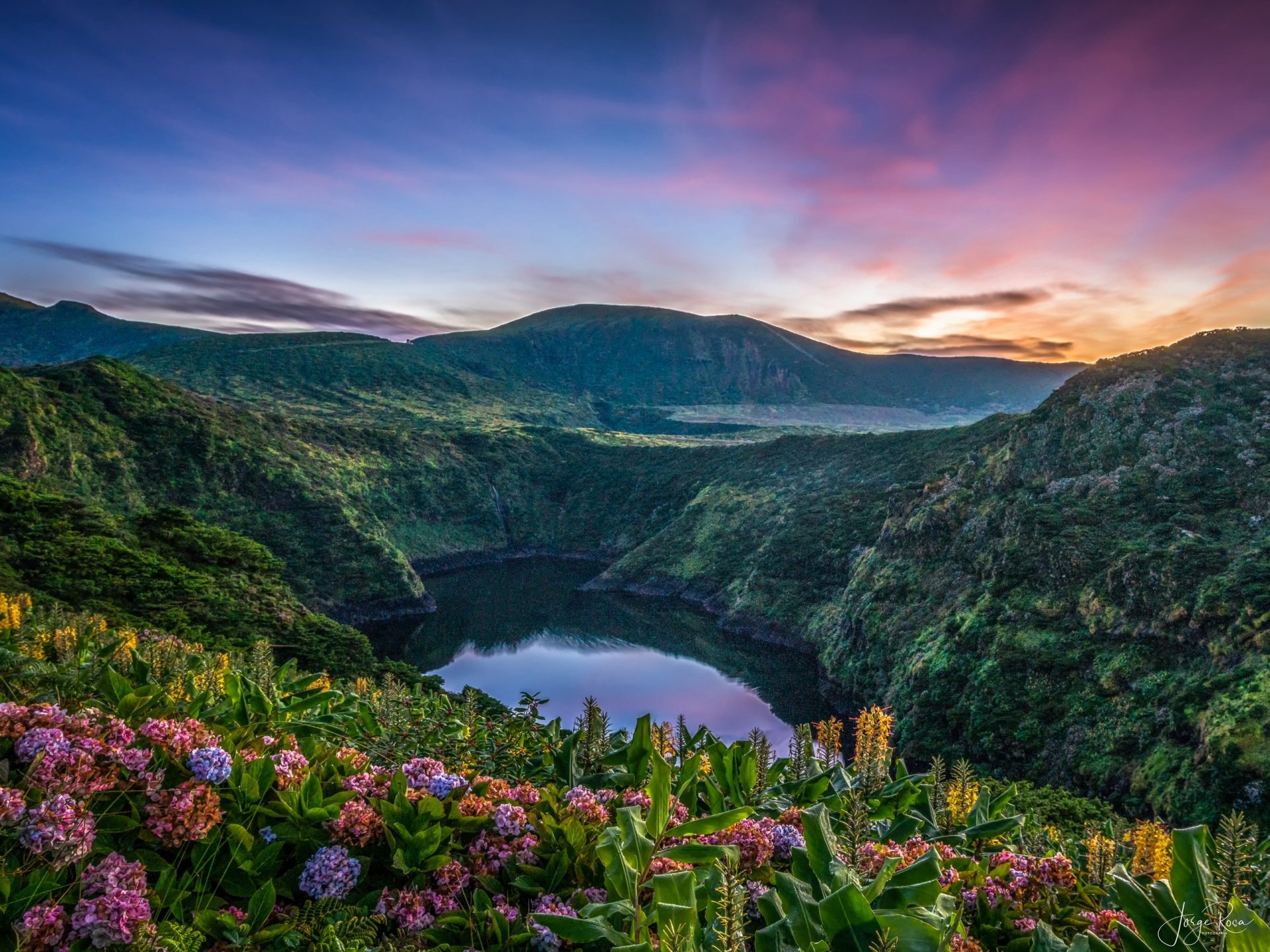 Download Azores Portugal Mountain Flower Sunset Nature Lake HD Wallpaper