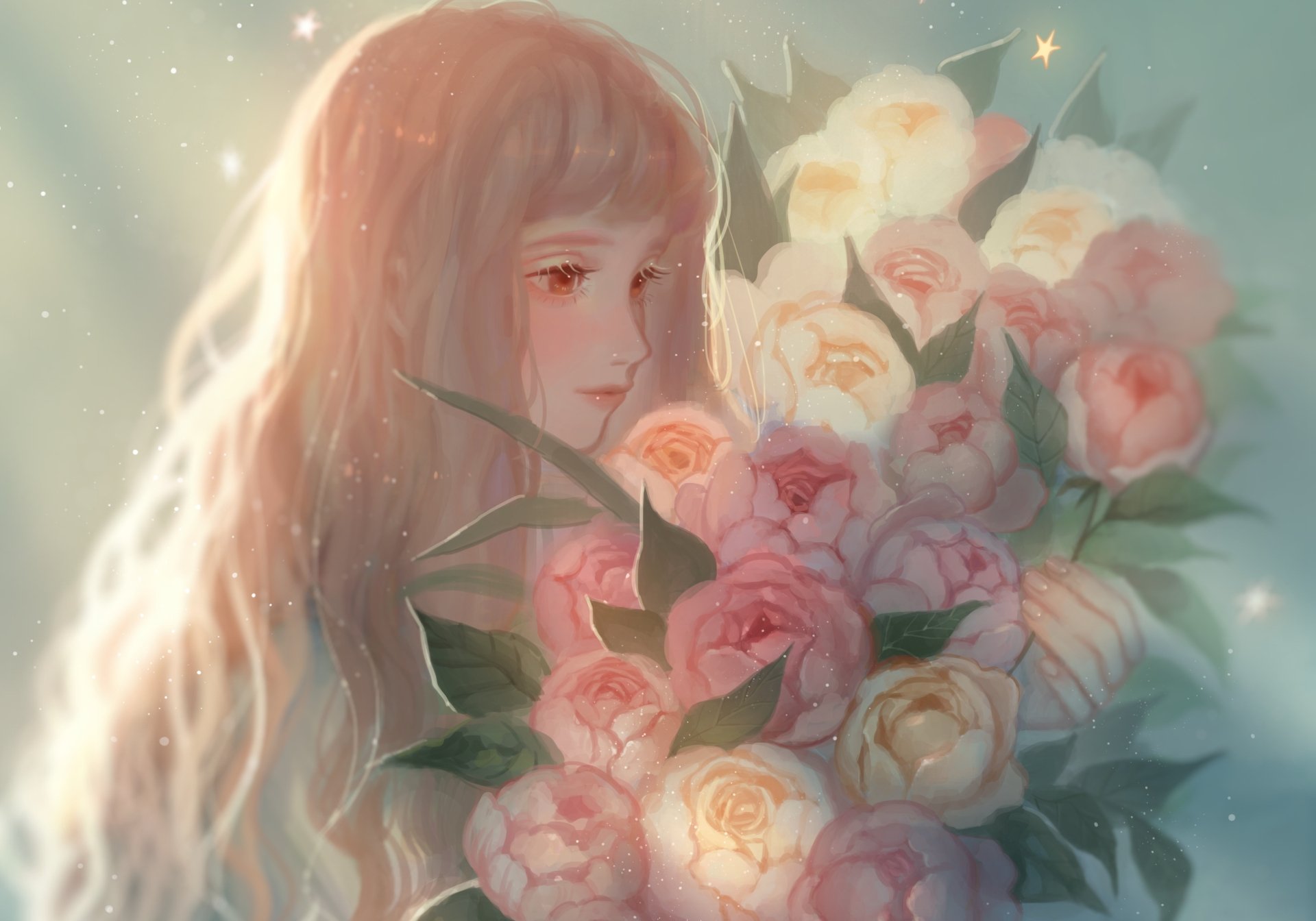 Roselight Muse — 2K Anime Girl Wallpaper (Long Hair, Floral Drawing ...