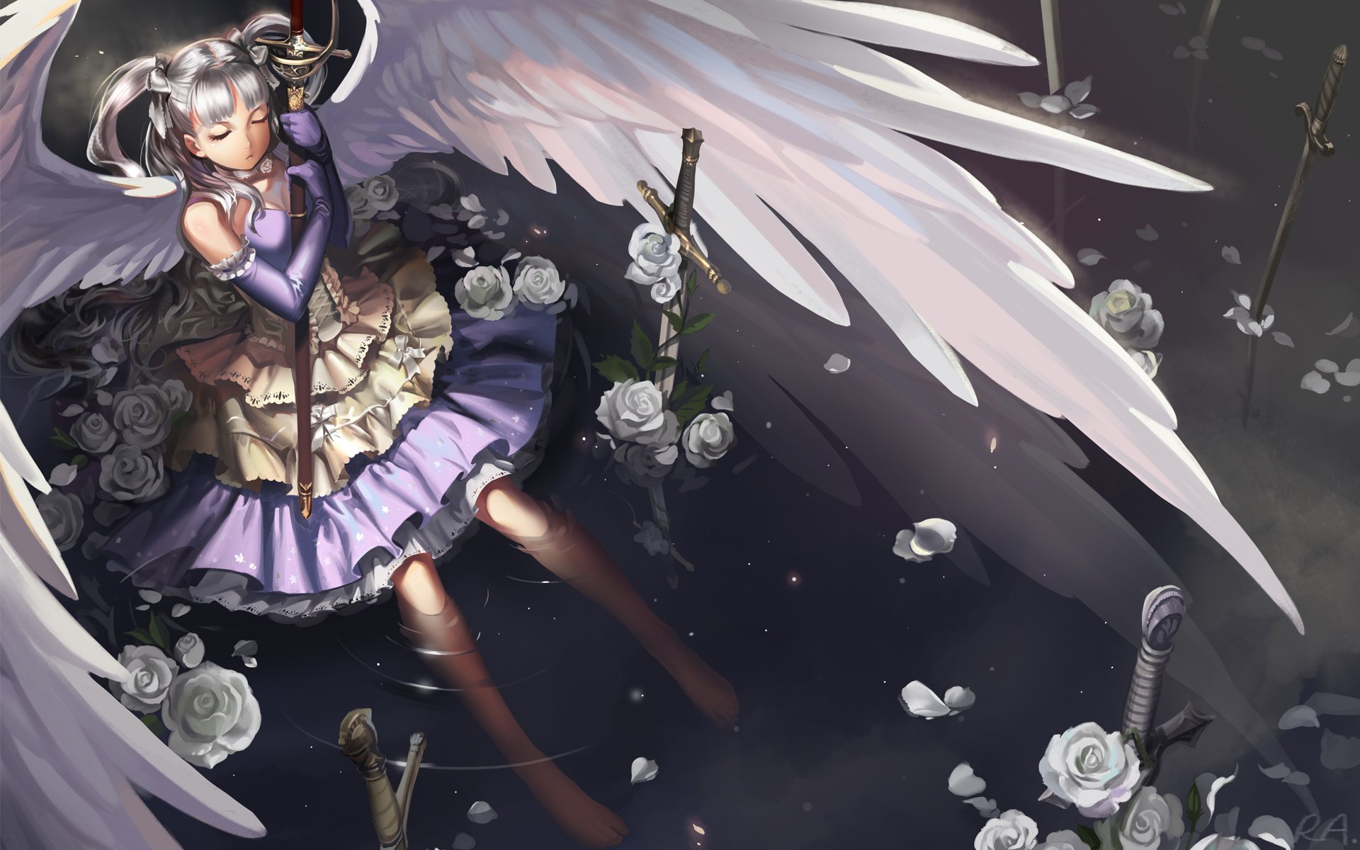 Serenity in Shadows: HD Anime Angel Wallpaper