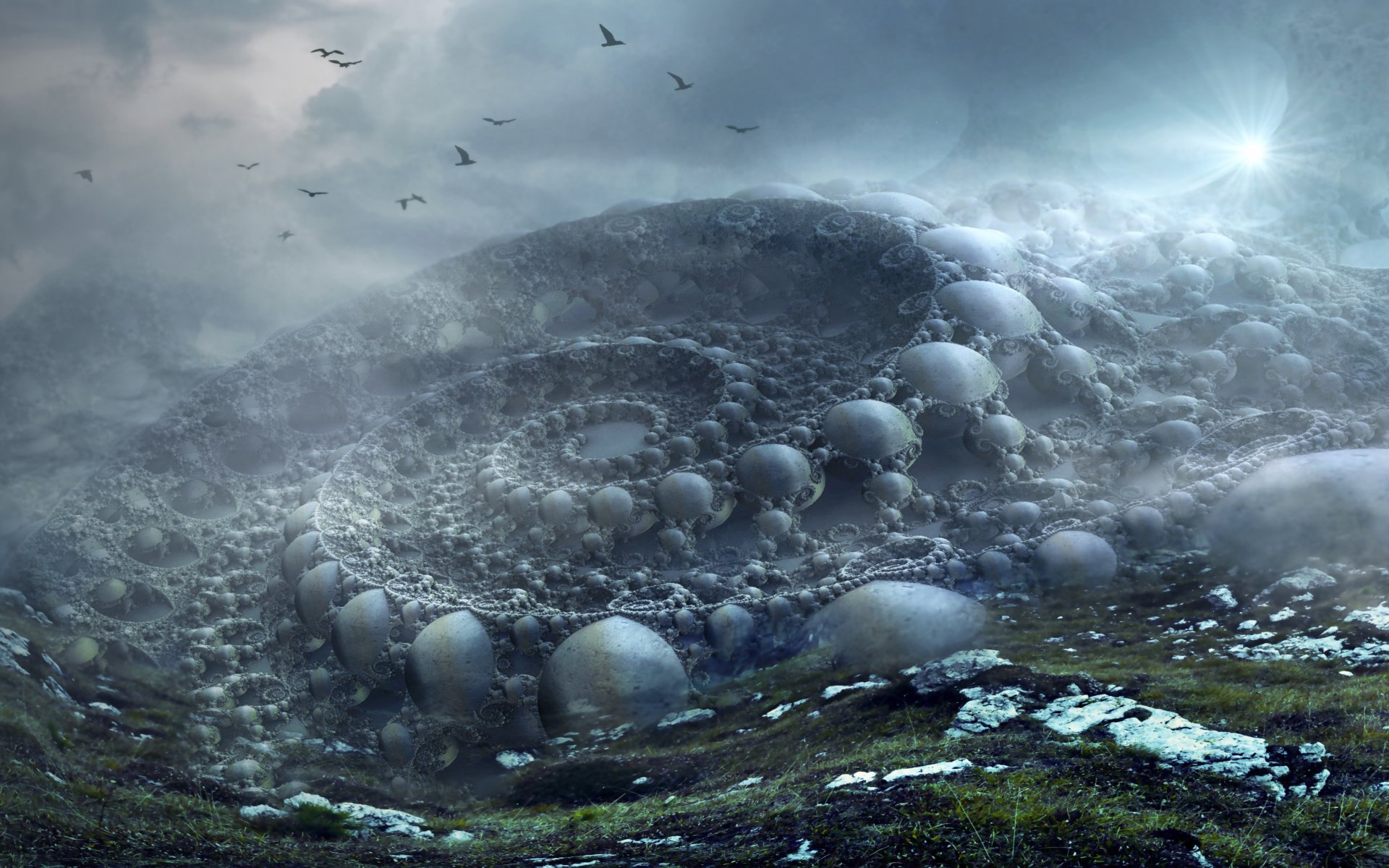 Ultra HD Fantasy Landscape: Fractal Hills and Soaring Flock