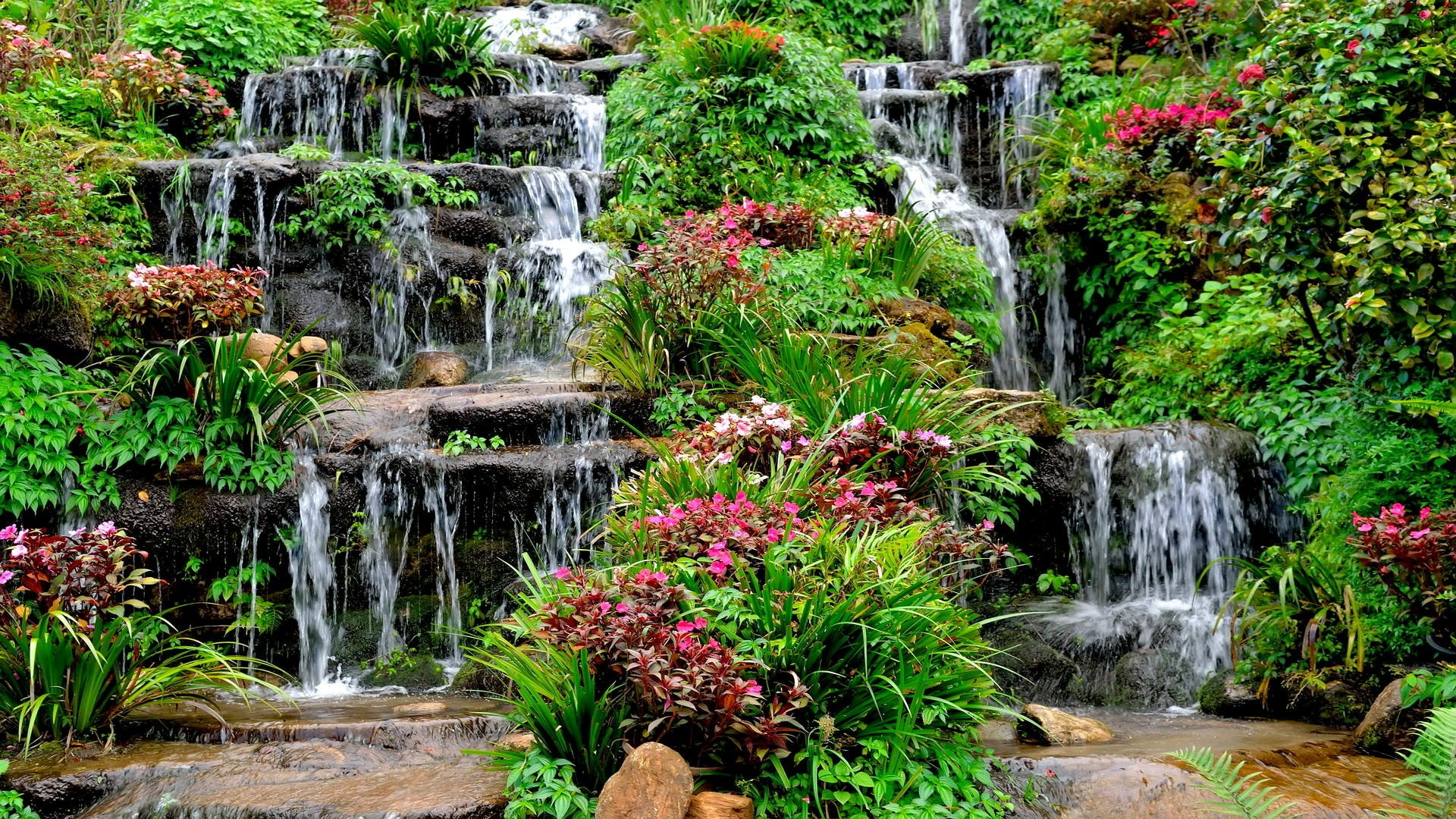 Download Waterfall Man Made Garden HD Wallpaper