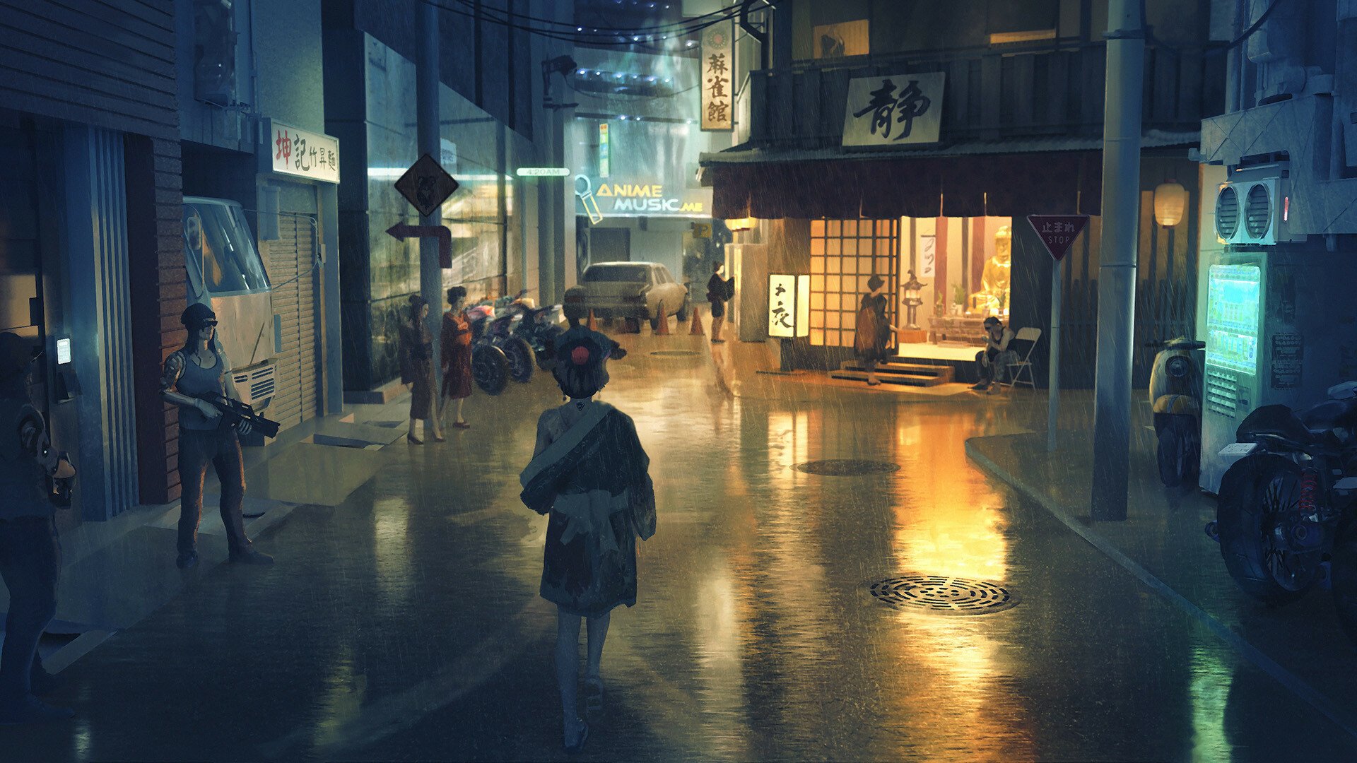 Night Stroll in Kimono - HD Anime Wallpaper by Franklin Chan