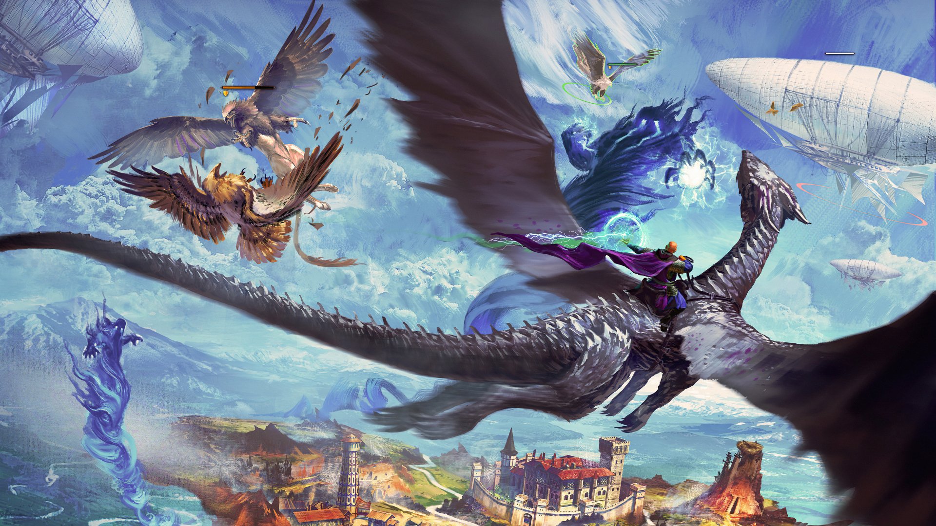 5K Ultra HD — Skyward Clash: Wizard, Dragon & Griffin by Denis Kornev
