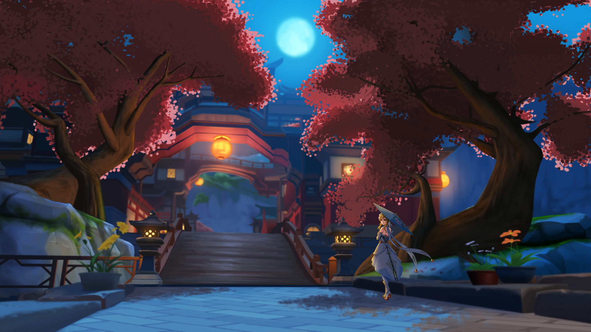 Lumine’s Serene Night Stroll – Genshin Impact HD Wallpaper by Shinario