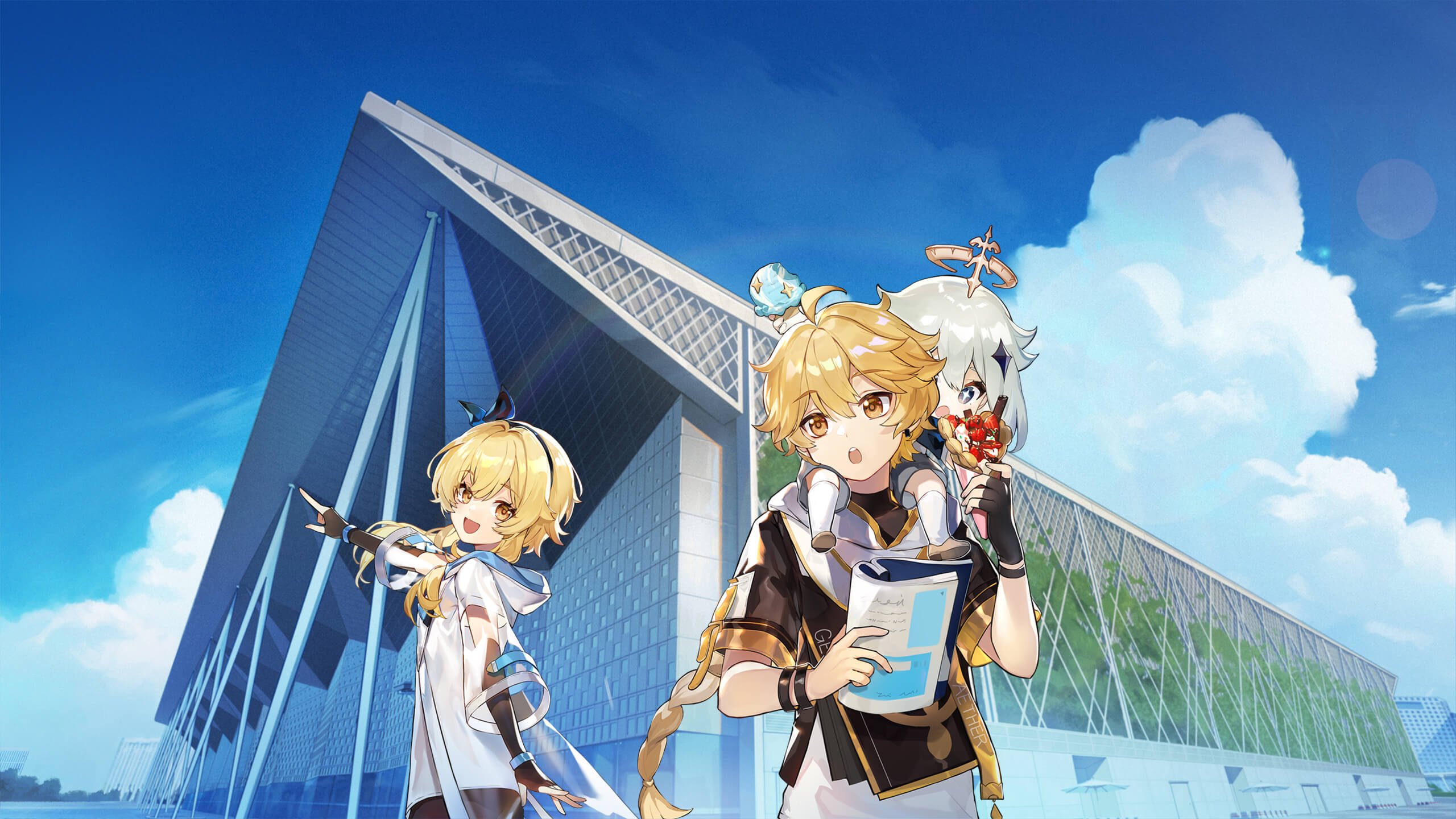 Genshin Impact HD Wallpaper: Aether, Lumine & Paimon Adventure Scene
