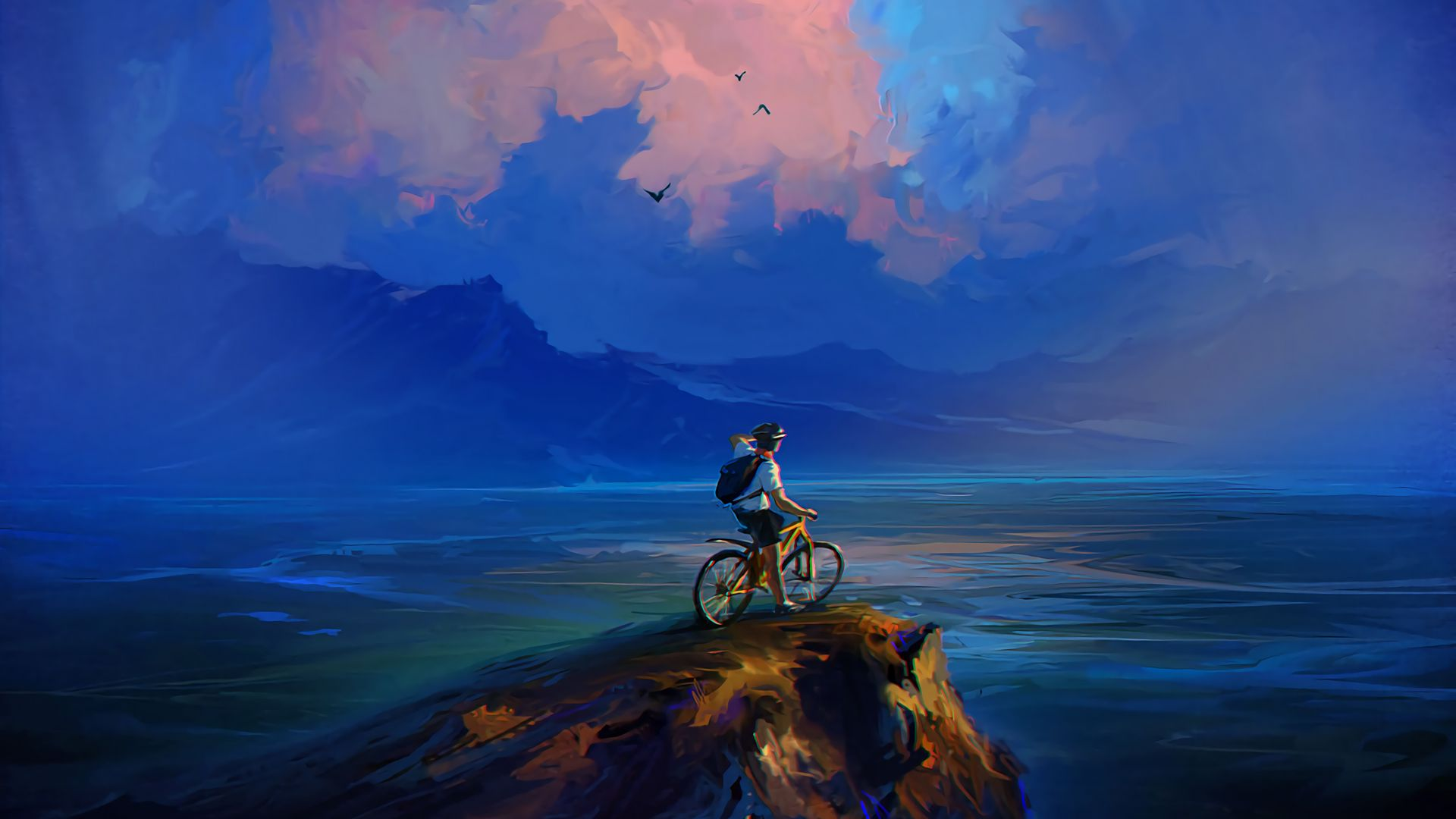 Download Night Bicycle Artistic Landscape HD Wallpaper by Artem Chebokha