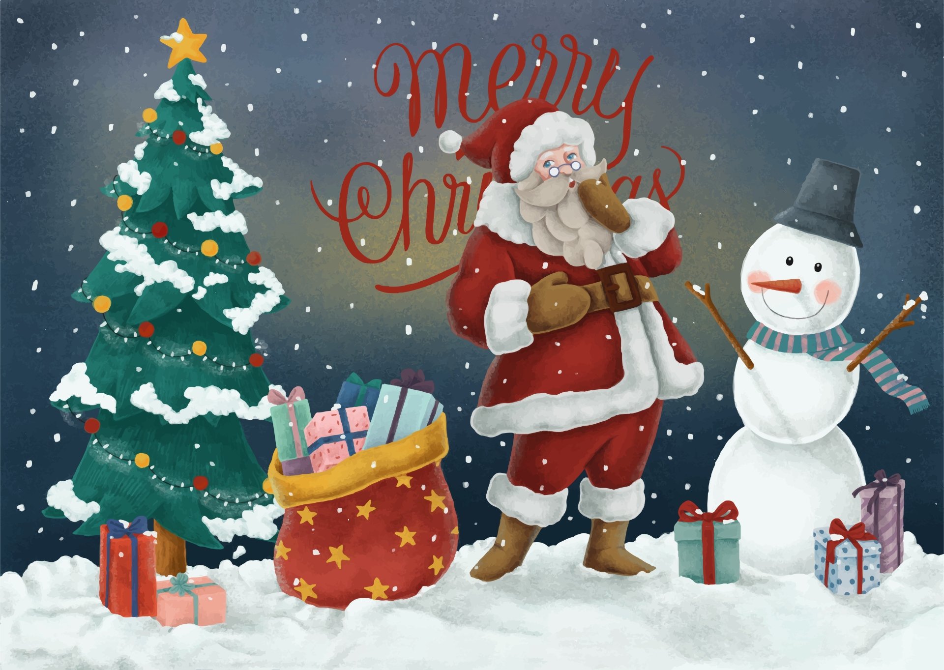 Download Christmas Tree Santa Snowman Holiday Christmas 4k Ultra HD Wallpaper
