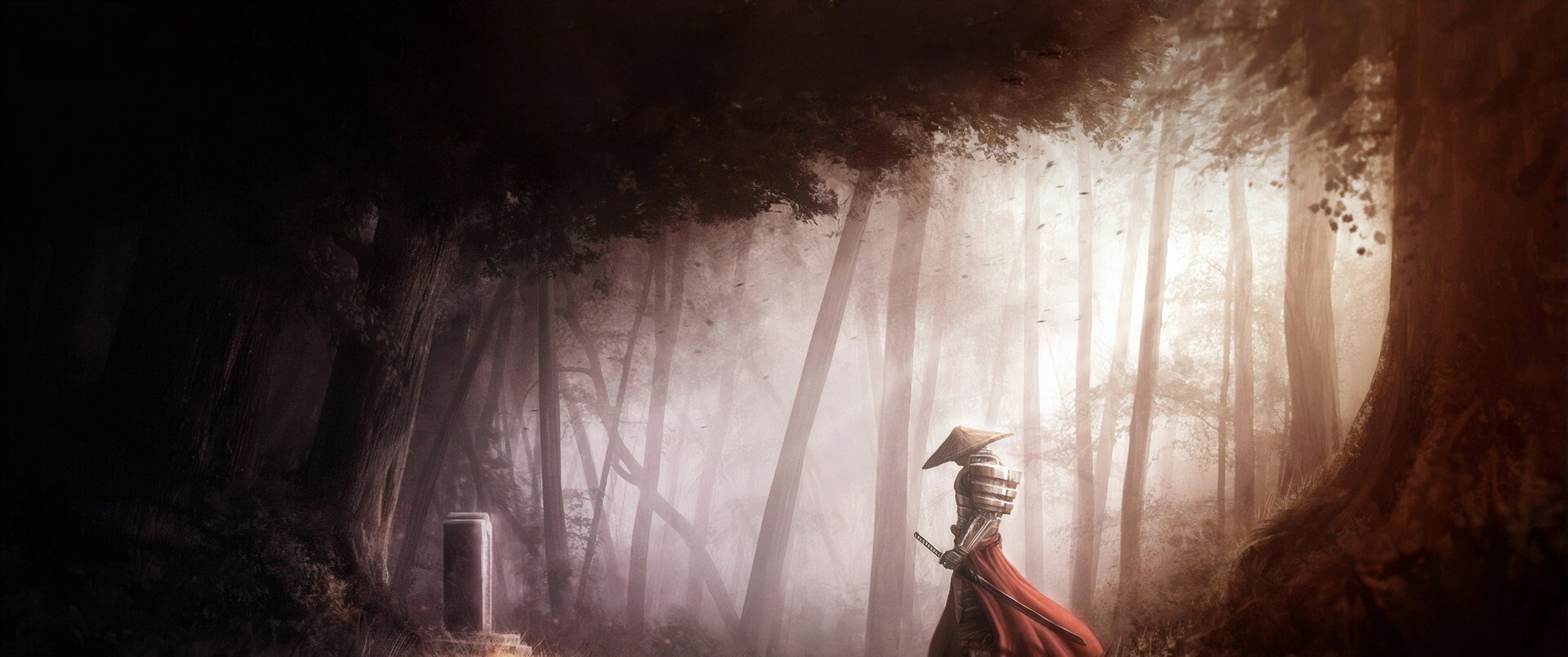 Mystic Samurai in Misty Forest HD Wallpaper