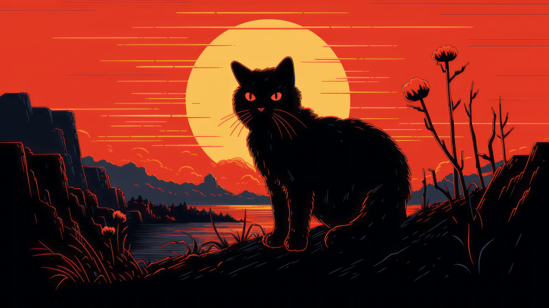 Black Cat Sunset Silhouette HD Wallpaper