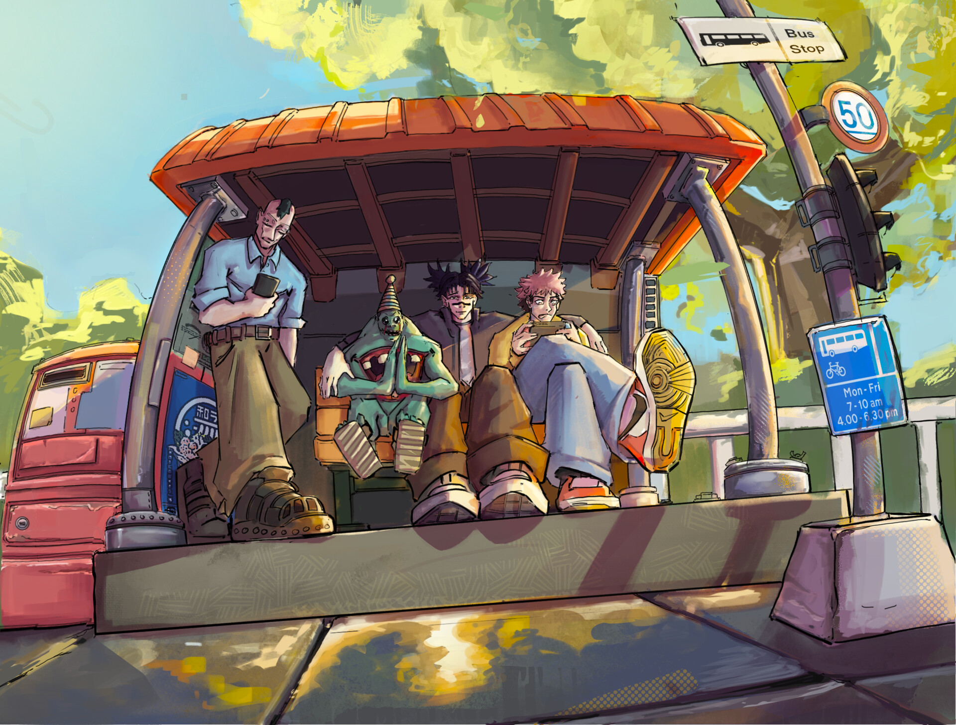 Jujutsu Kaisen HD Anime Wallpaper – Chill at the Bus Stop Scene by Josh ...