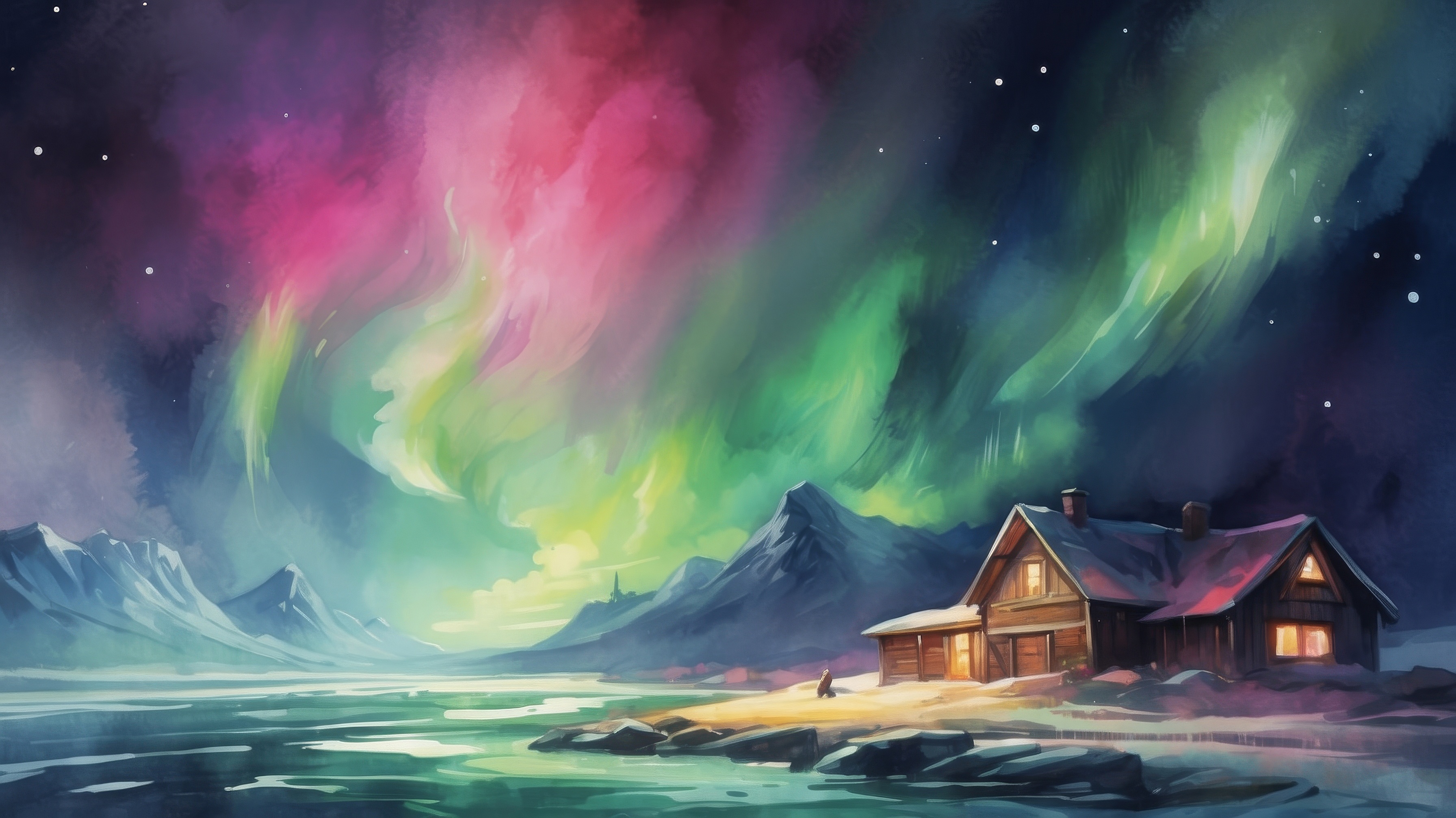 Aurora Lights Over Mountain Cabin HD Wallpaper by QuantumCurator