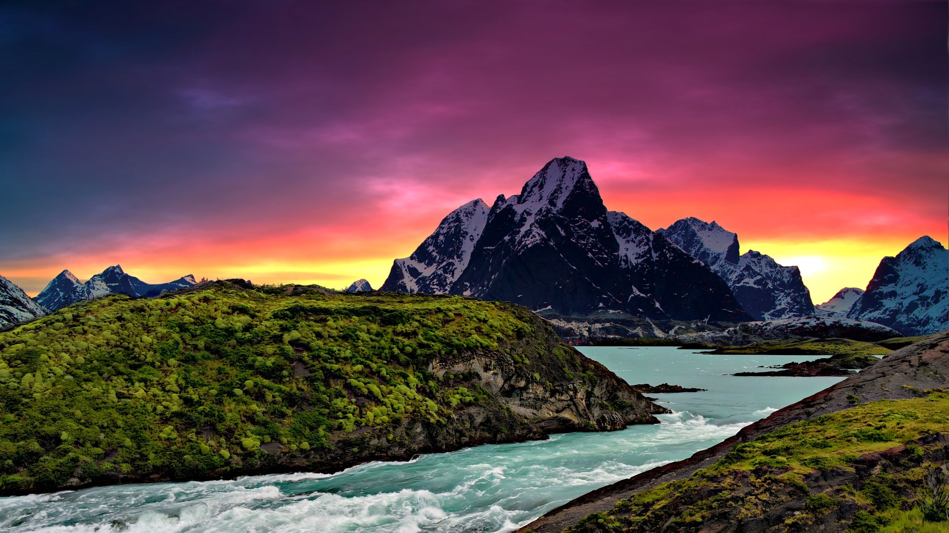 Sunset Mountains River by kingbonj