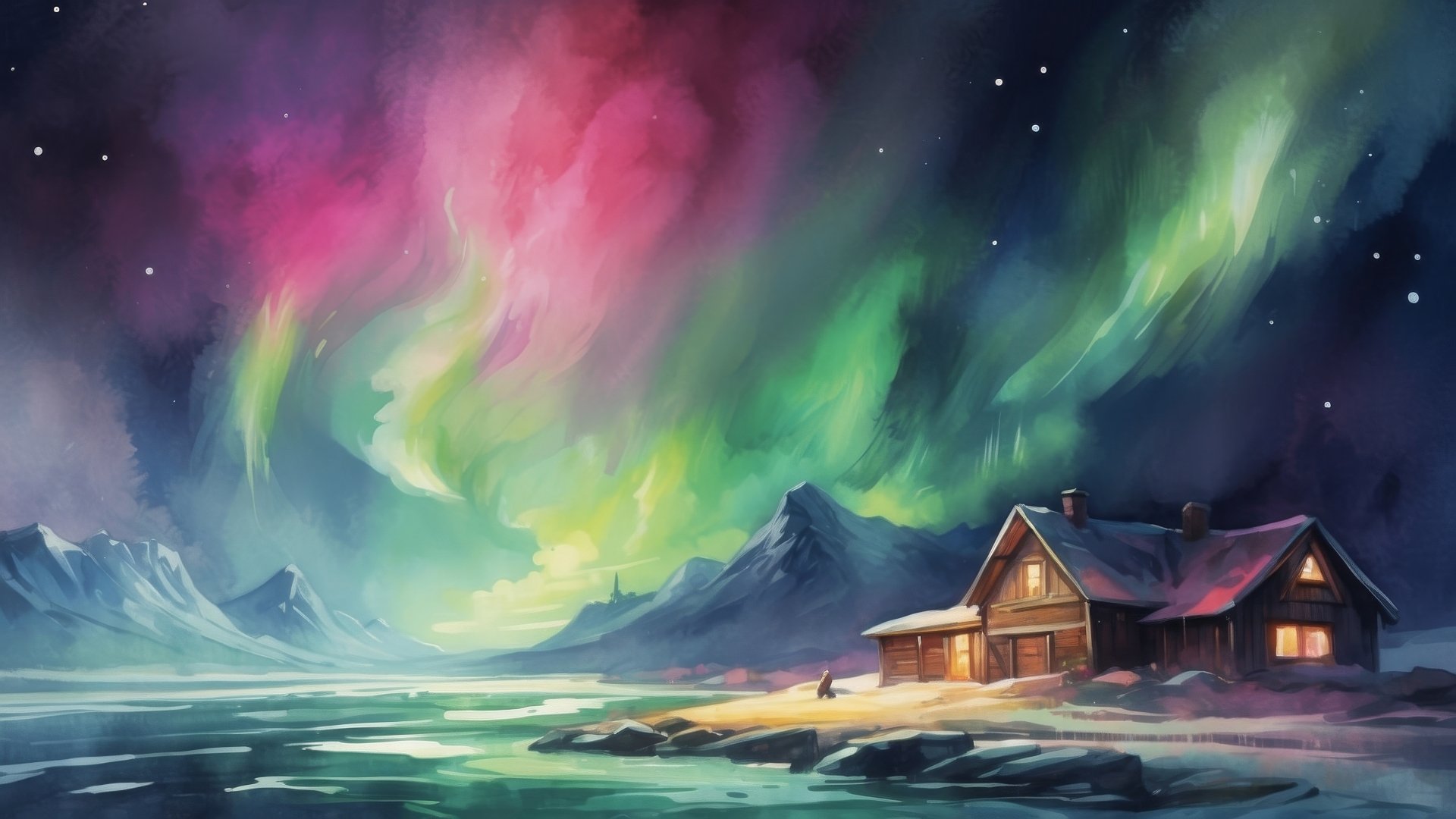 Aurora Lights Over Mountain Cabin HD Wallpaper by QuantumCurator