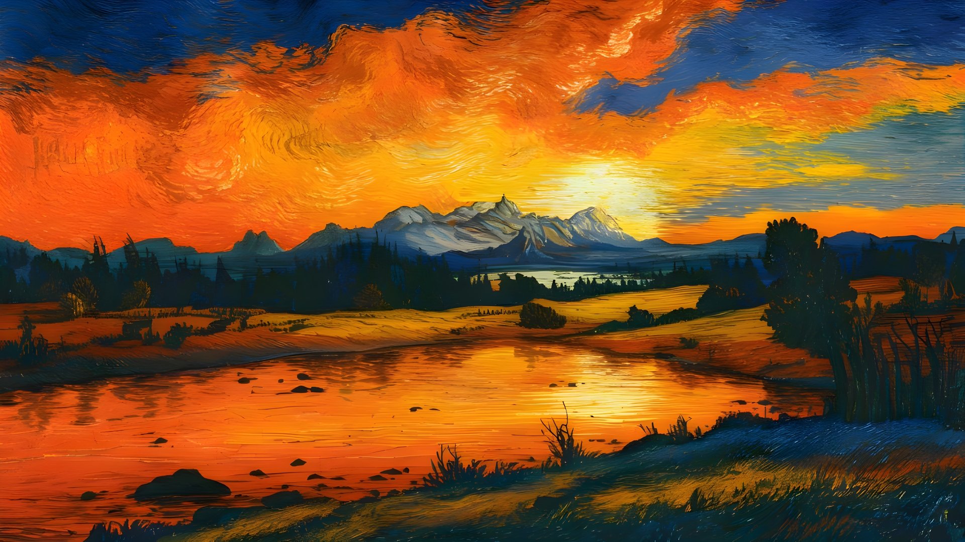 Breathtaking sunset over tranquil mountain lake by gabruwallpapers