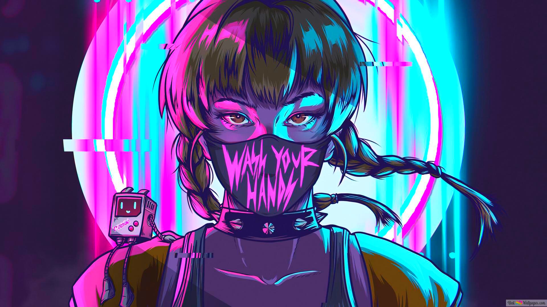 Neon Anime Guardian: COVID Masked Vigil HD Wallpaper