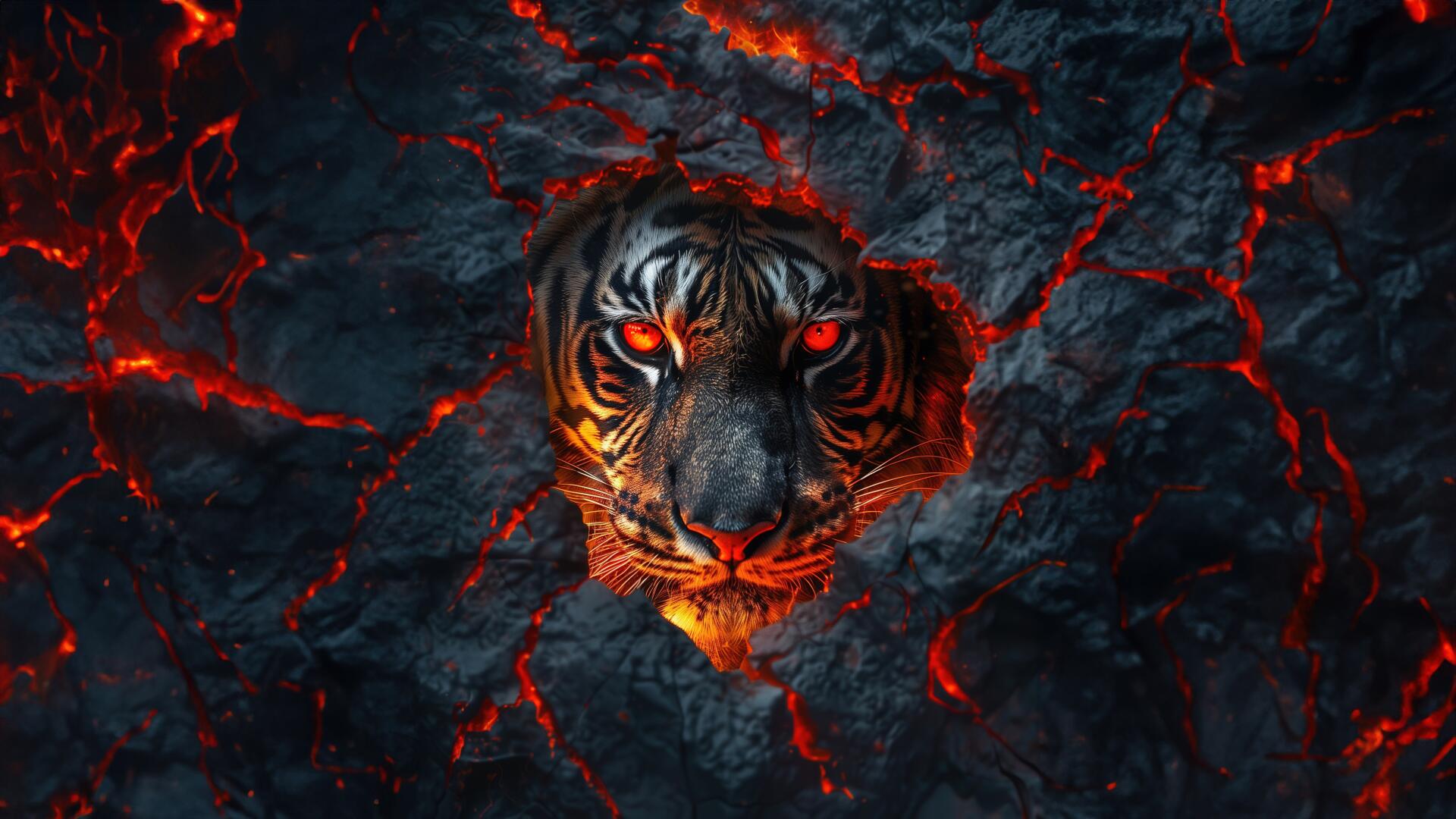 4K Ultra HD AI Tiger: Fiery Gaze from the Molten Depths