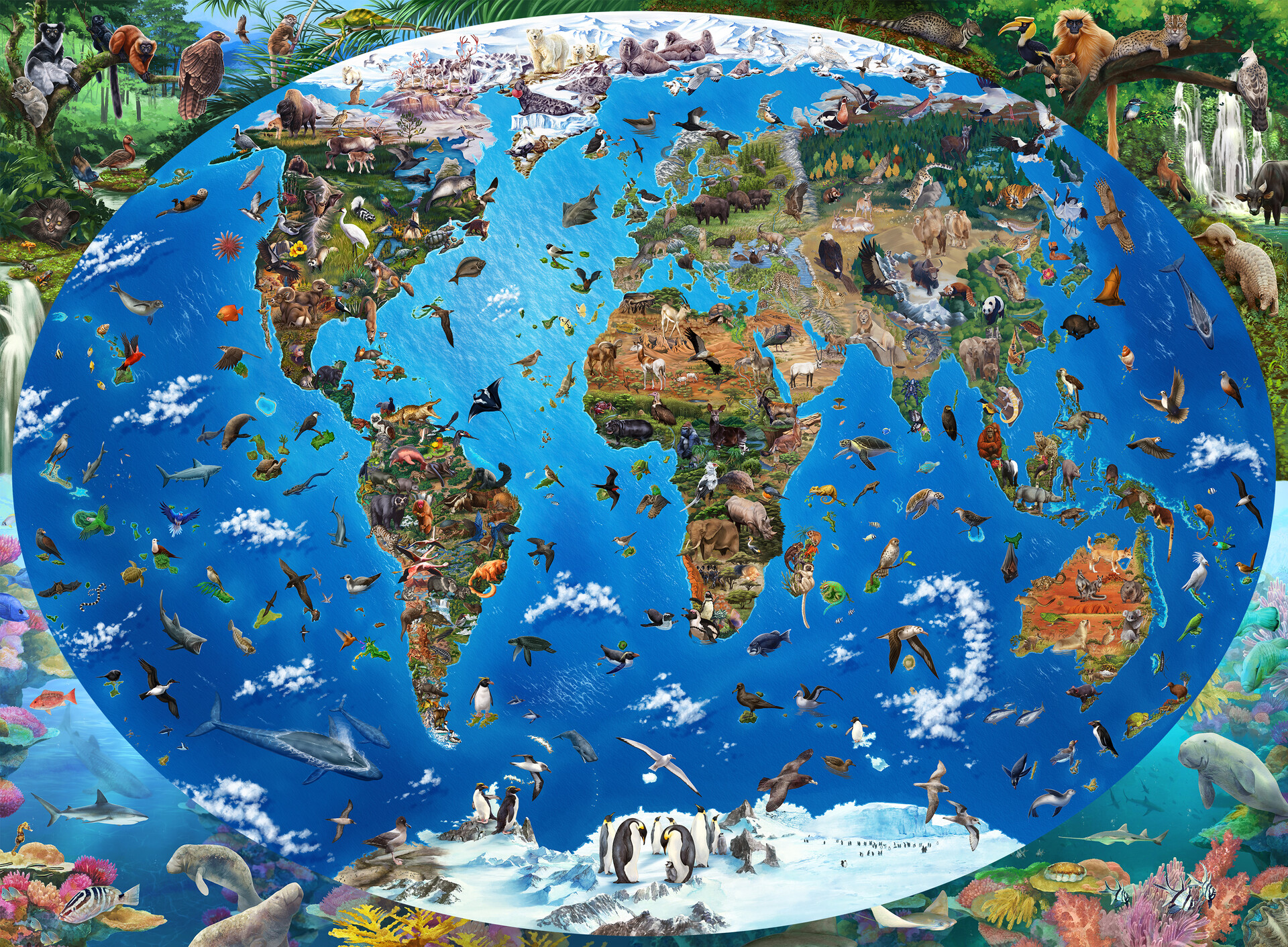 HD World Map Wallpaper Featuring Animals and Nature Wonders