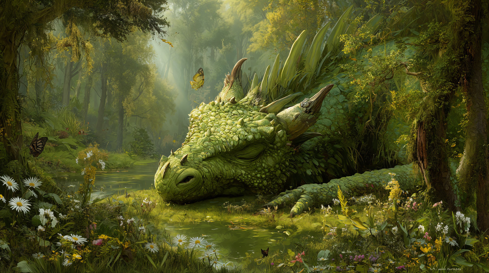 Emerald Slumber — 4K Fantasy Green Dragon Wallpaper by robokoboto