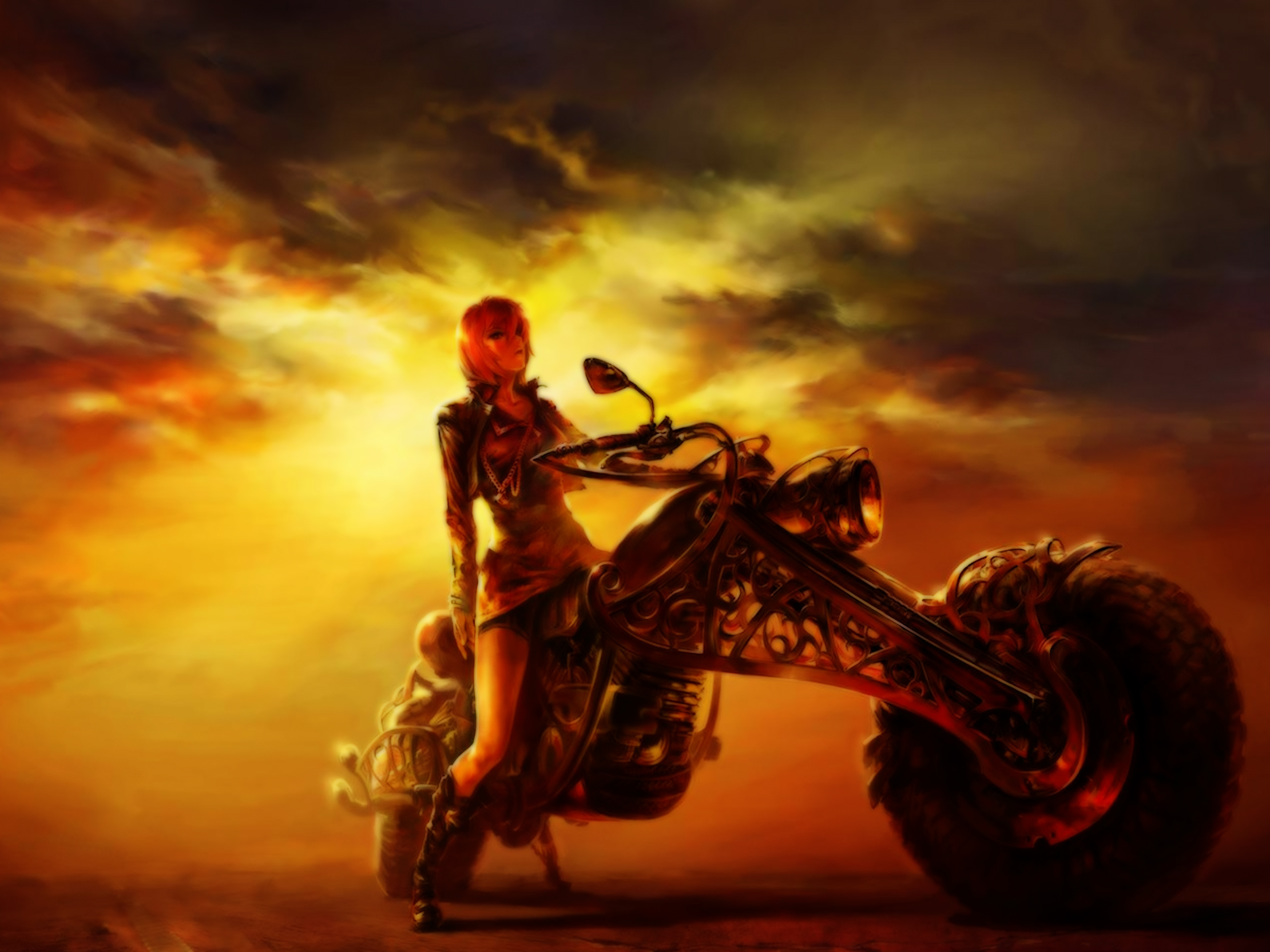 Fantasy Sunset: HD Wallpaper of a Woman on an Orange Motorcycle