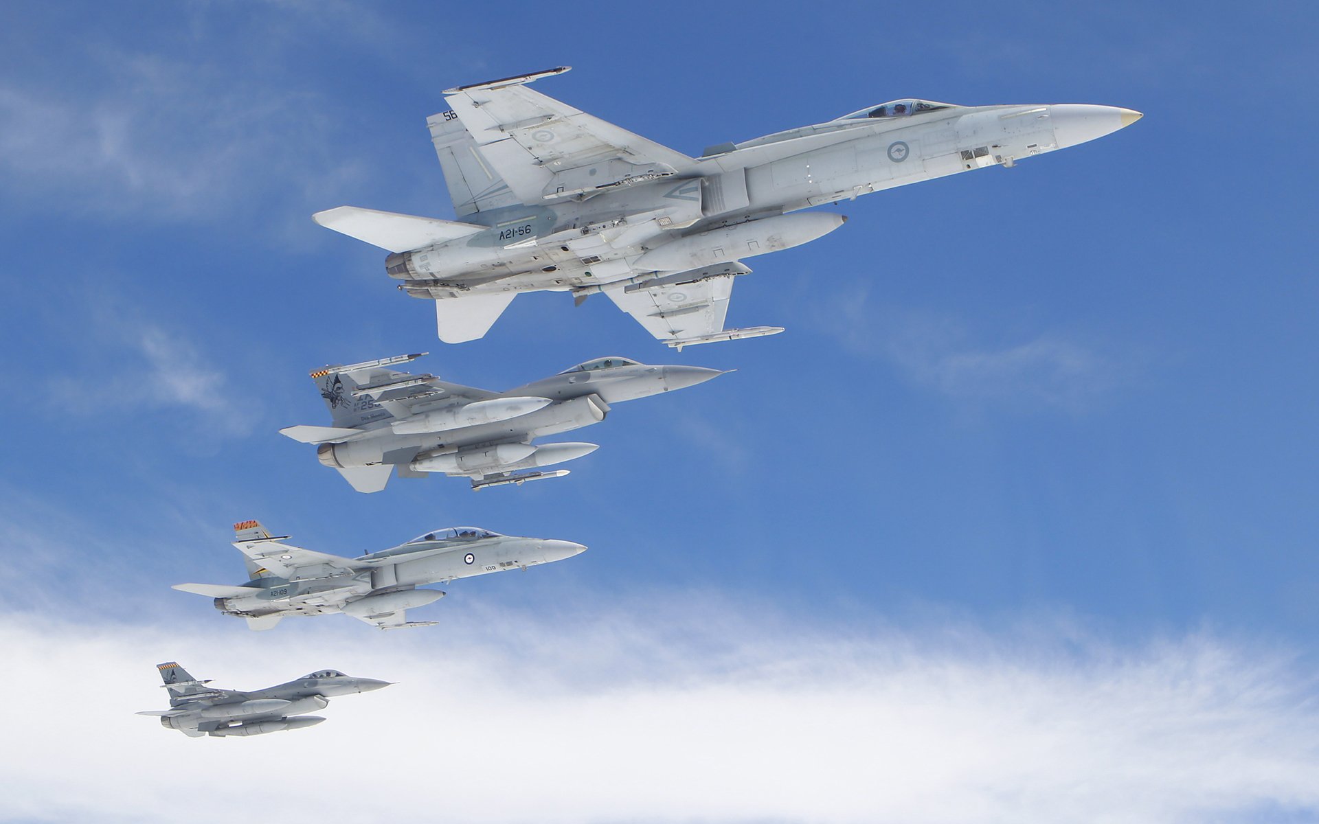 Epic HD Wallpaper: F-16 Fighting Falcon & F/A-18 Hornet Jets in Flight