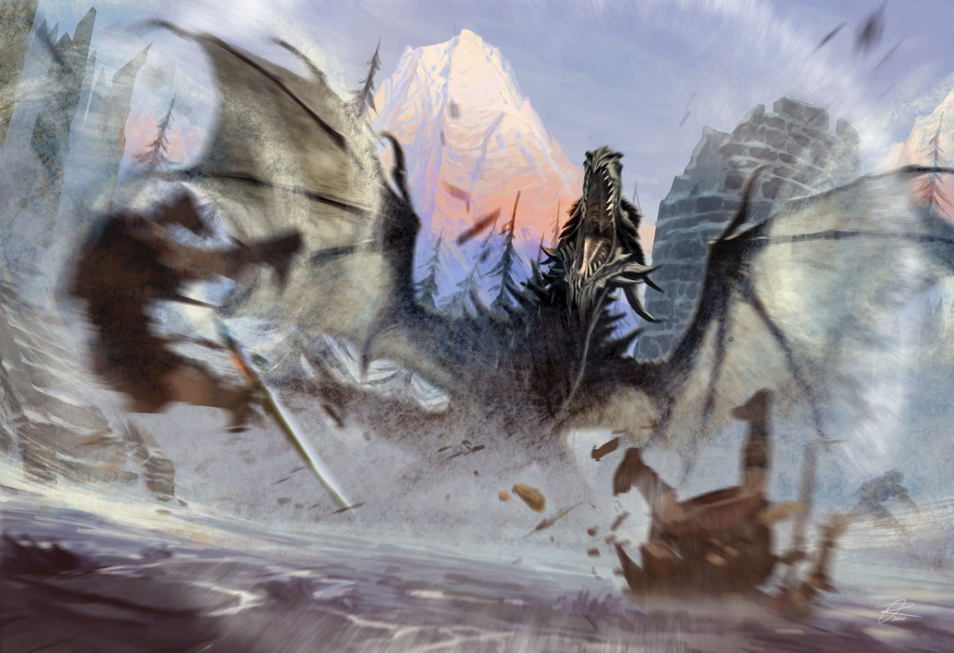 Epic HD Wallpaper of Skyrim's Legendary Dragon Battle
