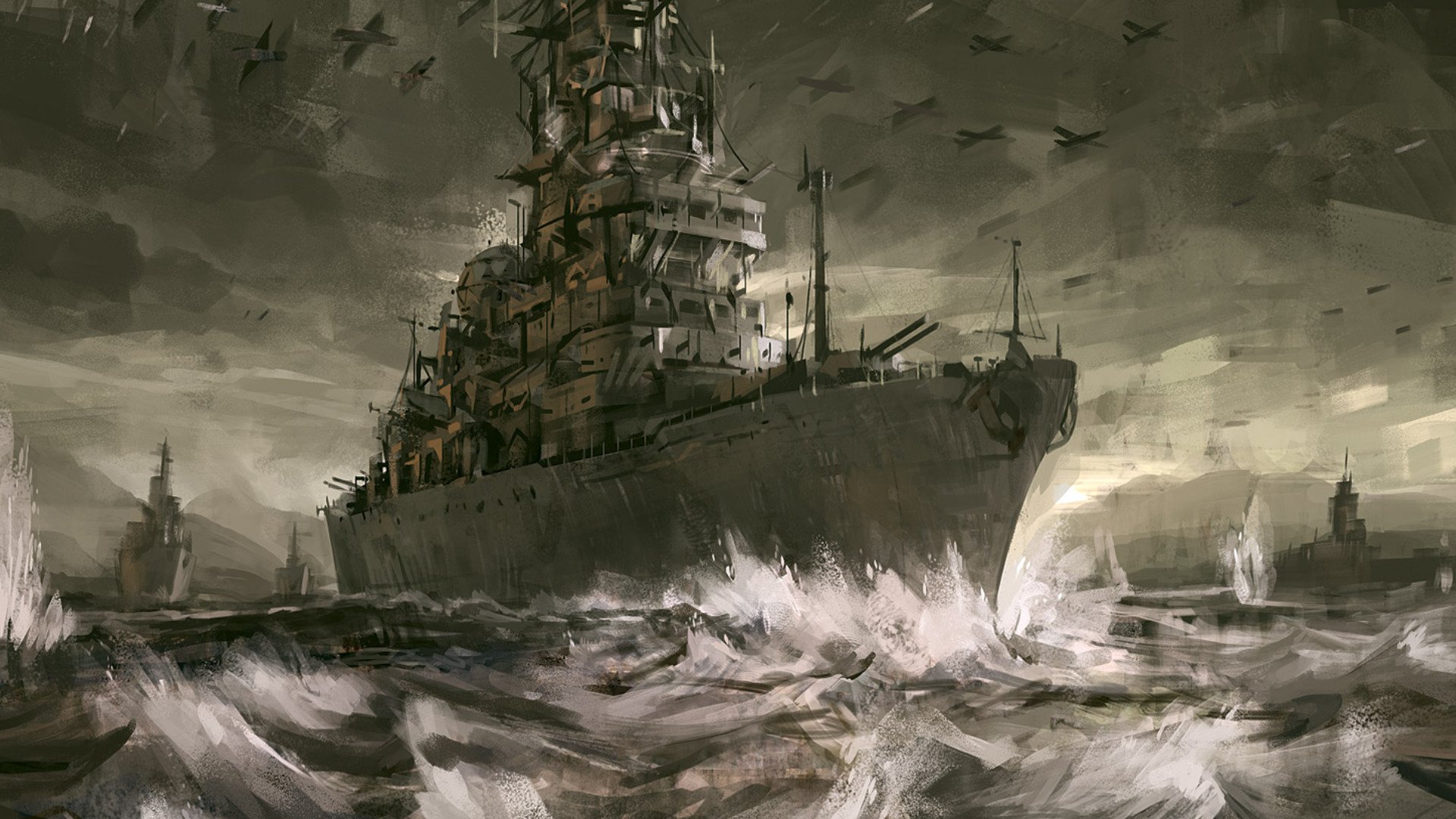 Drawing of Navy Frigate plowing through rough waters. : HeavySeas