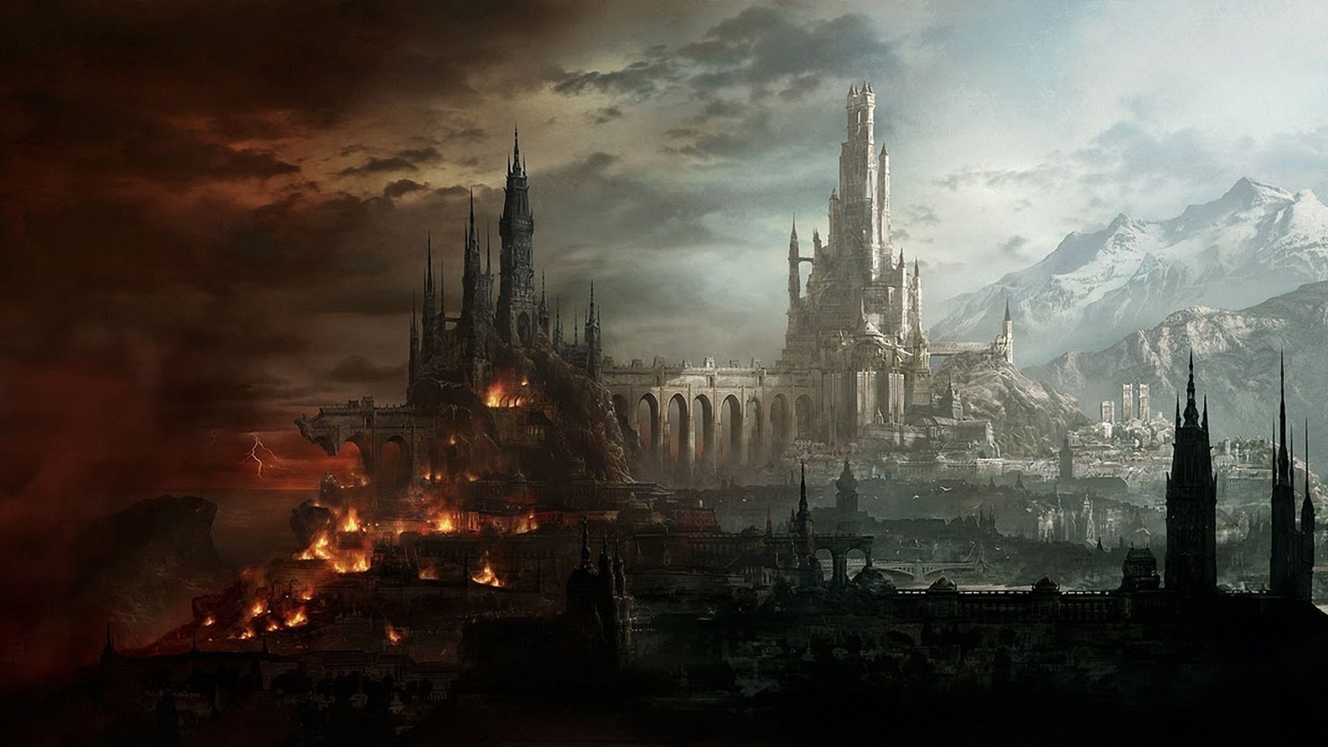 Fantasy City in Flames: A Stunning HD Wallpaper of Mountains and Fire ...