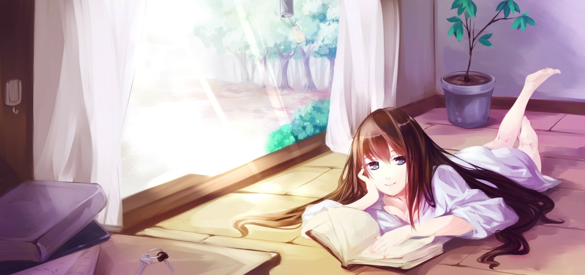 Sunlit Serenity: Anime Girl Reading in a Cozy Room HD Wallpaper