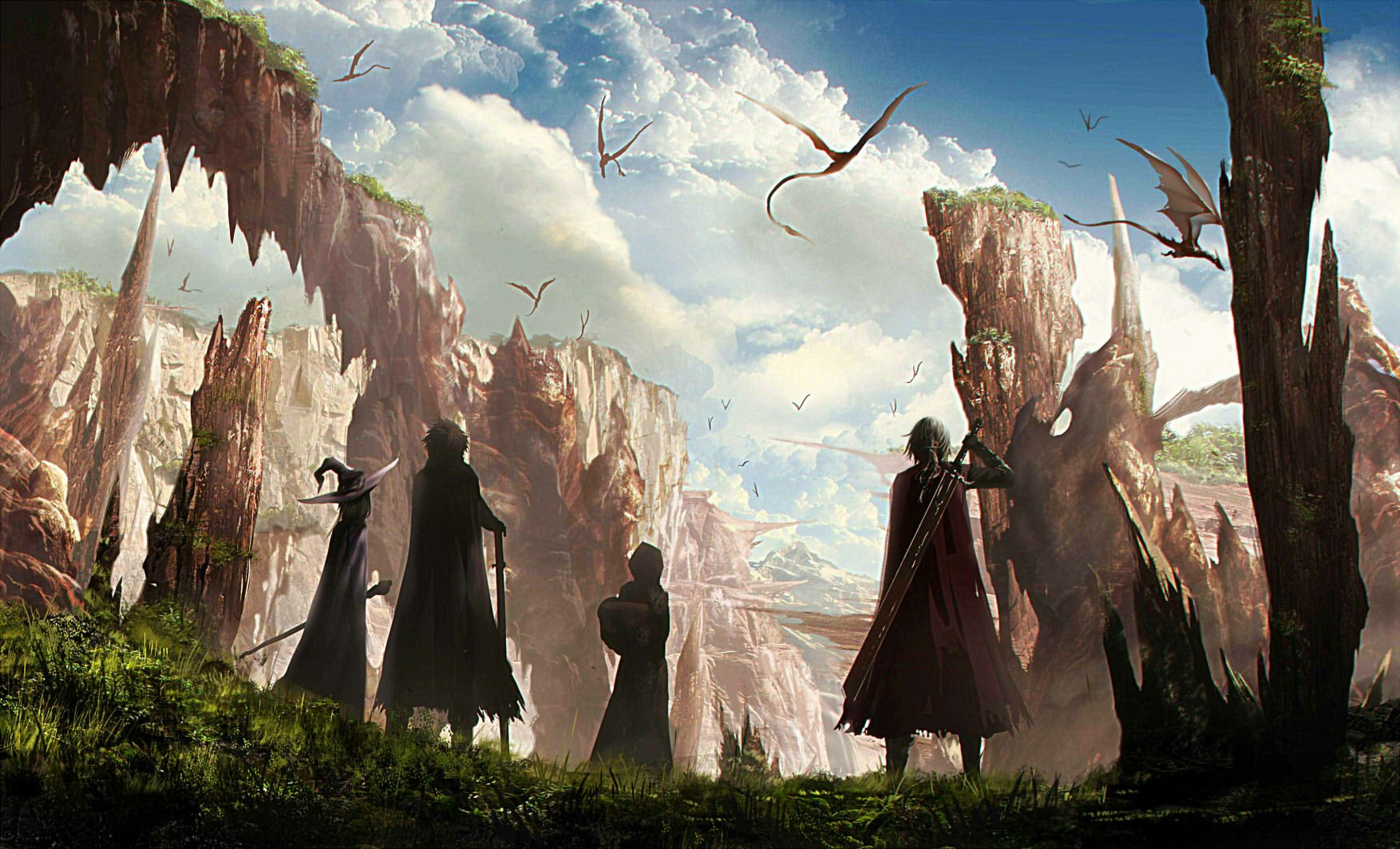 Epic Sword Battles in a Stunning Anime Landscape - HD Wallpaper